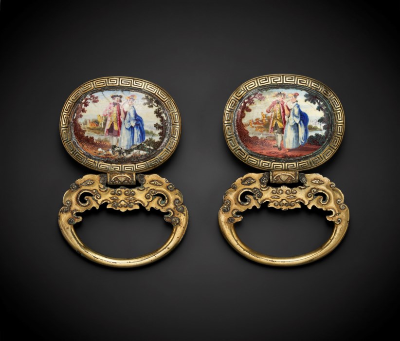 A RARE PAIR OF EUROPEAN ENAMEL-INSET GILT-BRONZE BELT SLIDES, 18TH ...