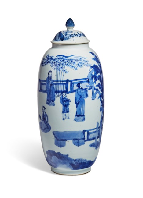 A BLUE AND WHITE OVOID JAR AND A COVER, KANGXI PERIOD (1662-1722 ...