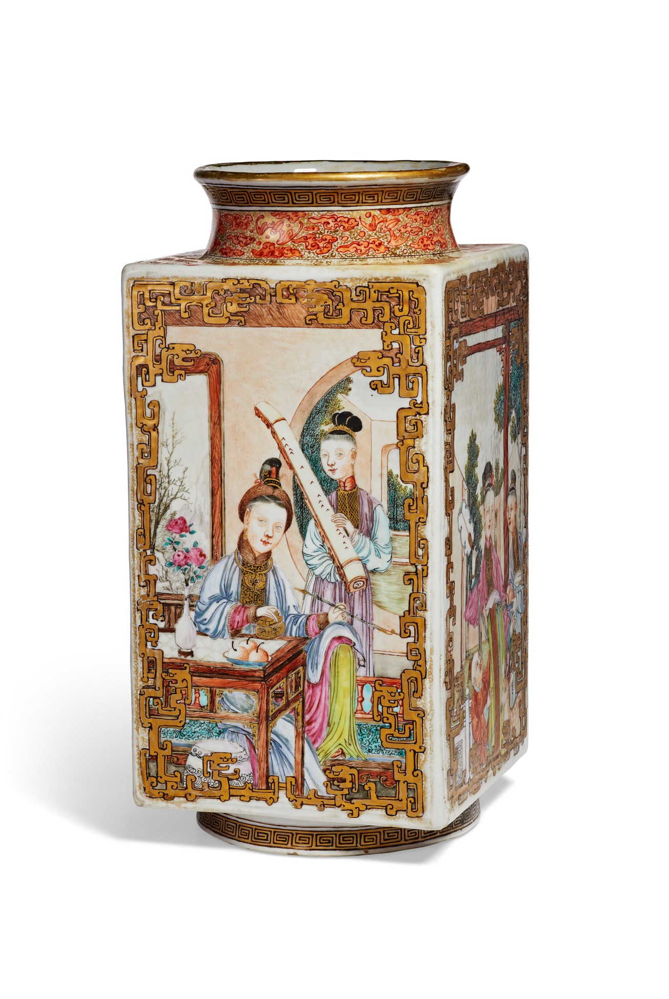 A RARE AND FINELY DECORATED FAMILLE ROSE CONG-FORM VASE WITH FIGURAL ...