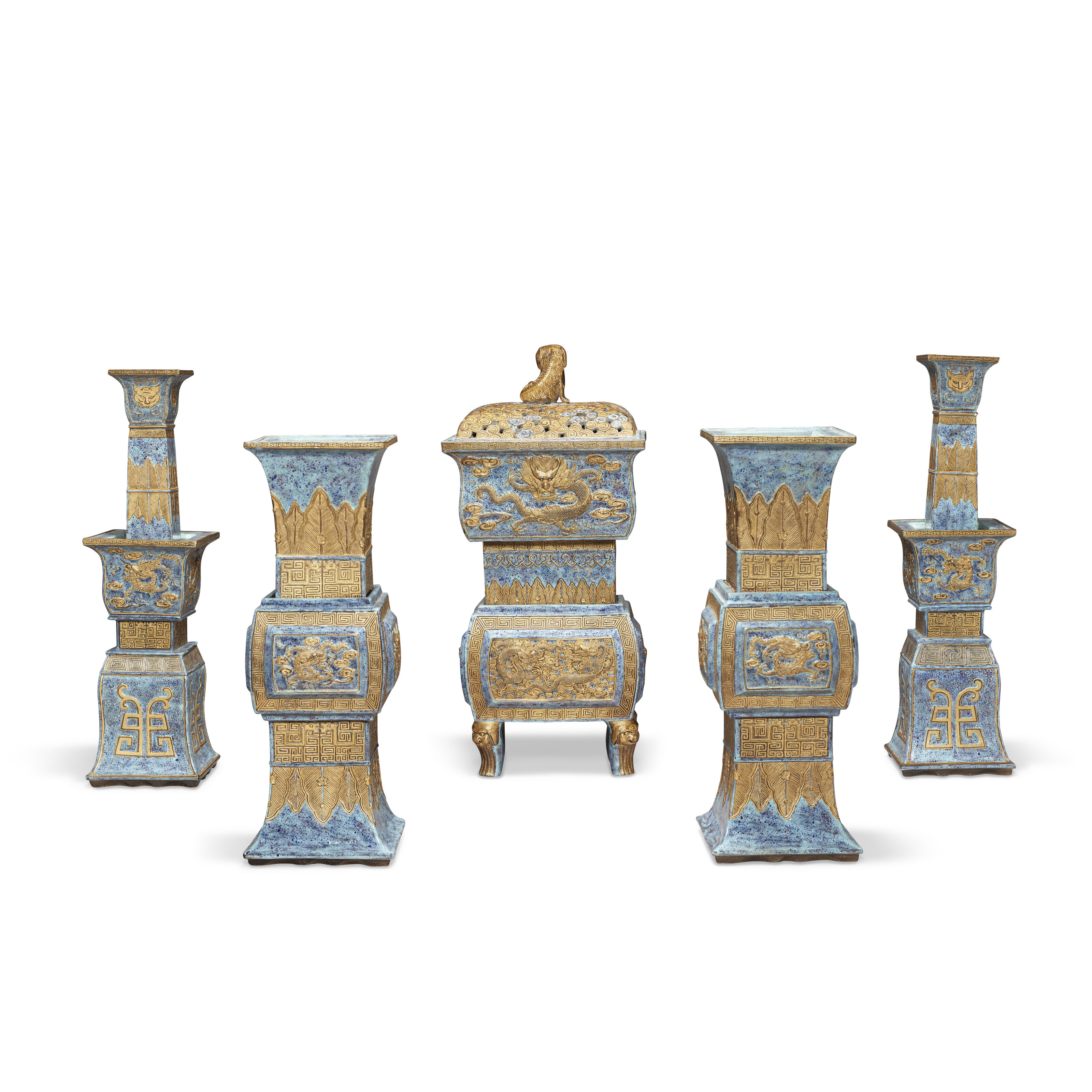 A CHINESE ROBIN'S-EGG-BLUE-GLAZED AND GILT-DECORATED FIVE-PIECE ALTAR ...