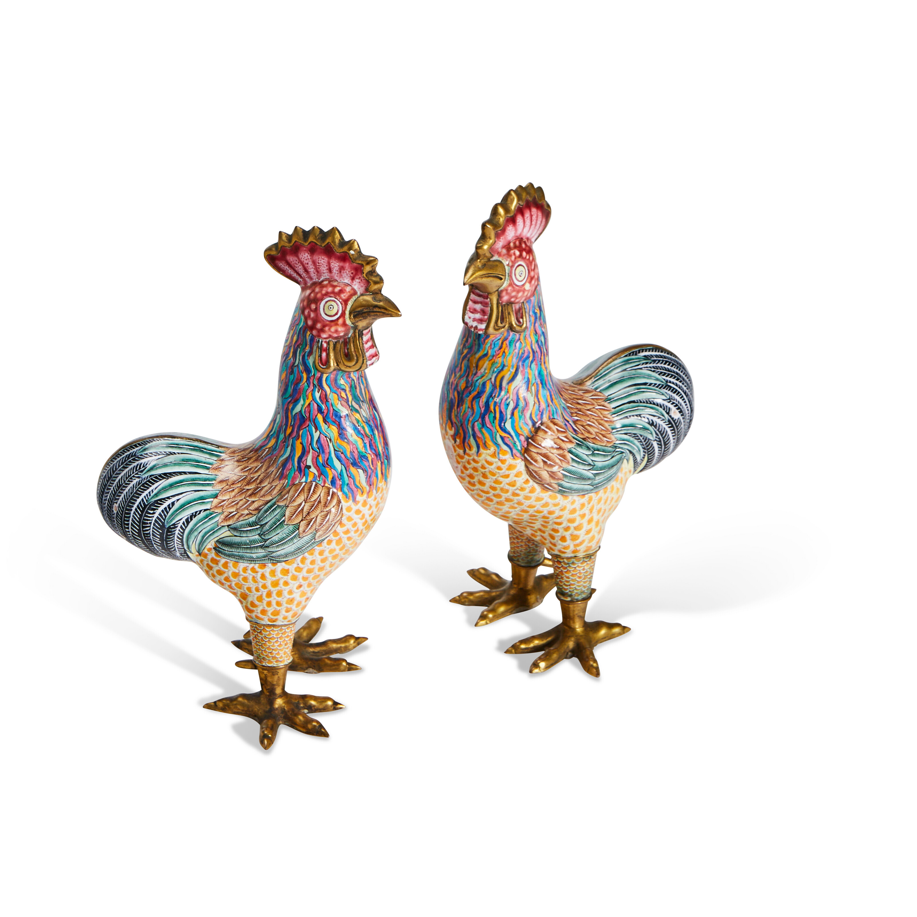 A PAIR OF CHINESE EXPORT GILT-METAL AND ENAMEL MODELS OF ROOSTERS, 20TH ...