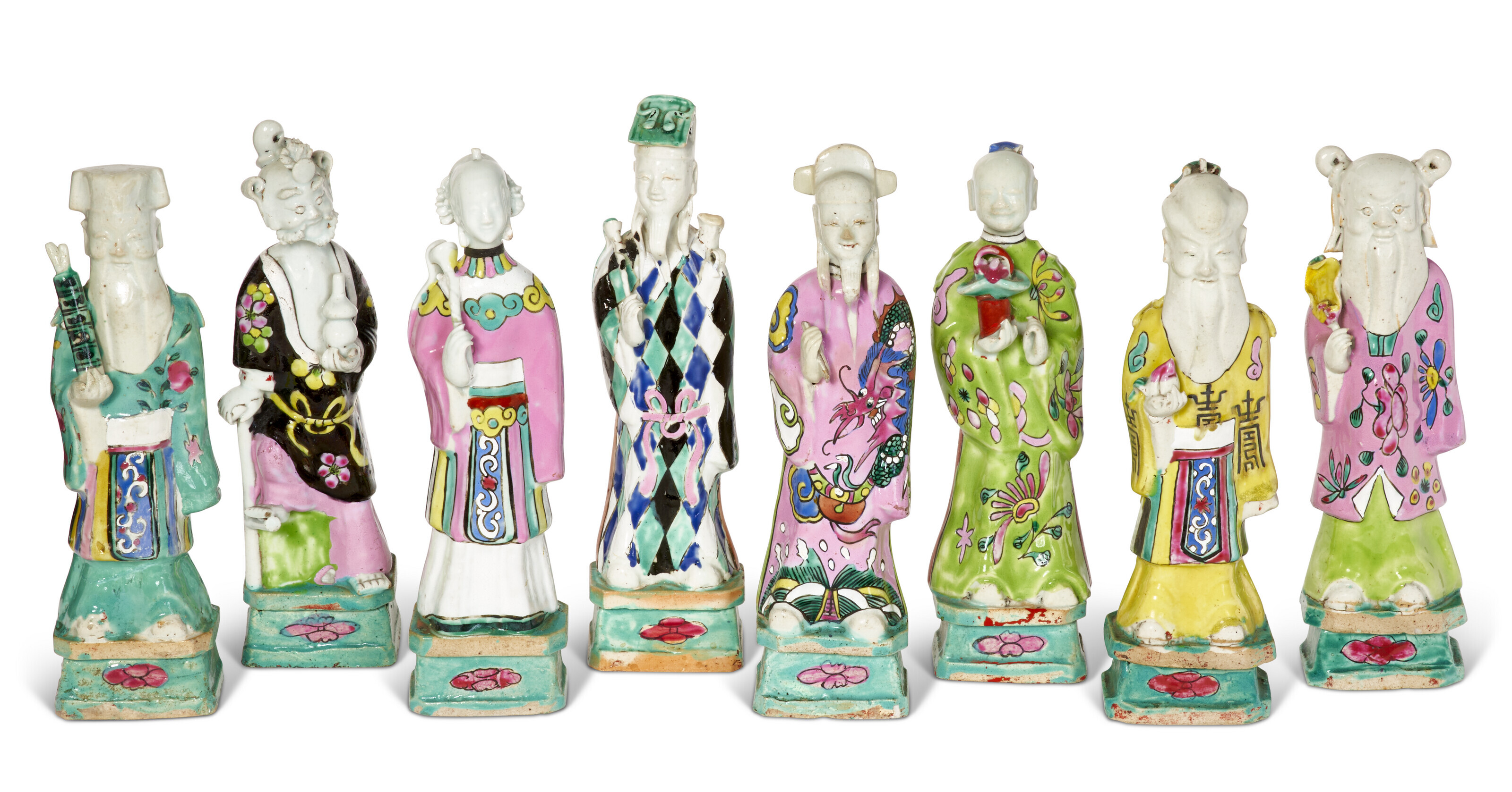 A GROUP OF EIGHT CHINESE EXPORT PORCELAIN FAMILLE ROSE FIGURES OF ...