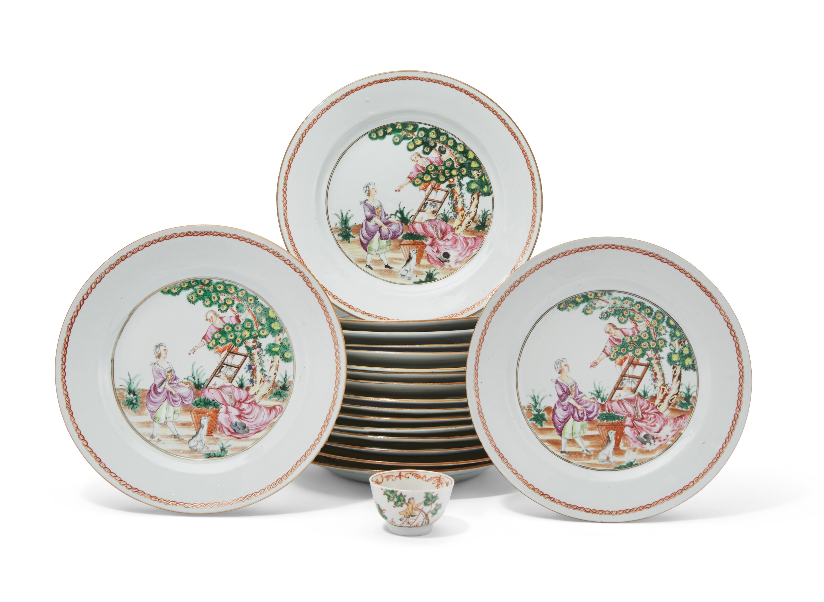 A SET OF EIGHTEEN FAMILLE ROSE 'CHERRY PICKERS' PLATES, QIANLONG PERIOD ...
