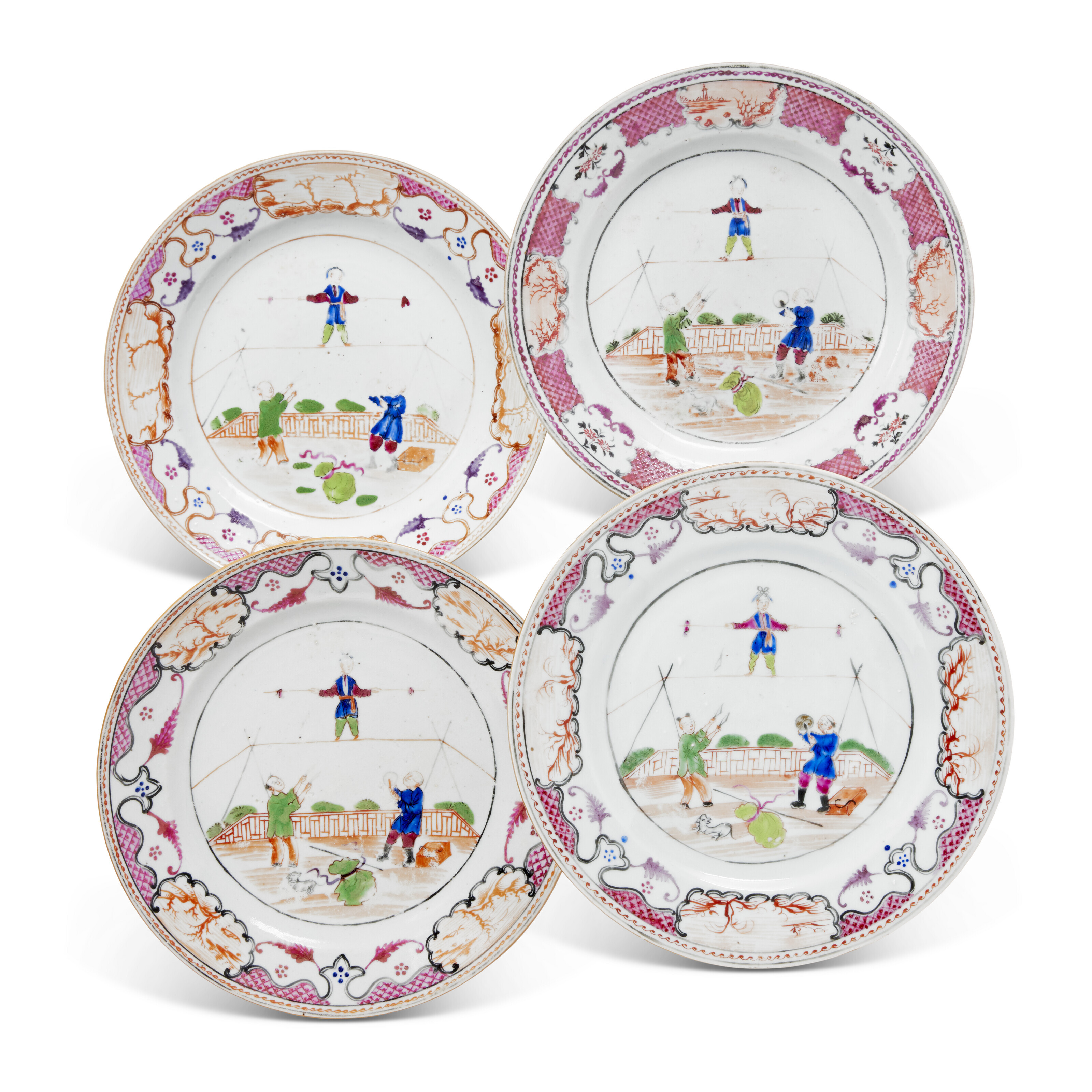 FOUR CHINESE EXPORT PORCELAIN FAMILLE ROSE 'ACROBATS' PLATES, QING ...