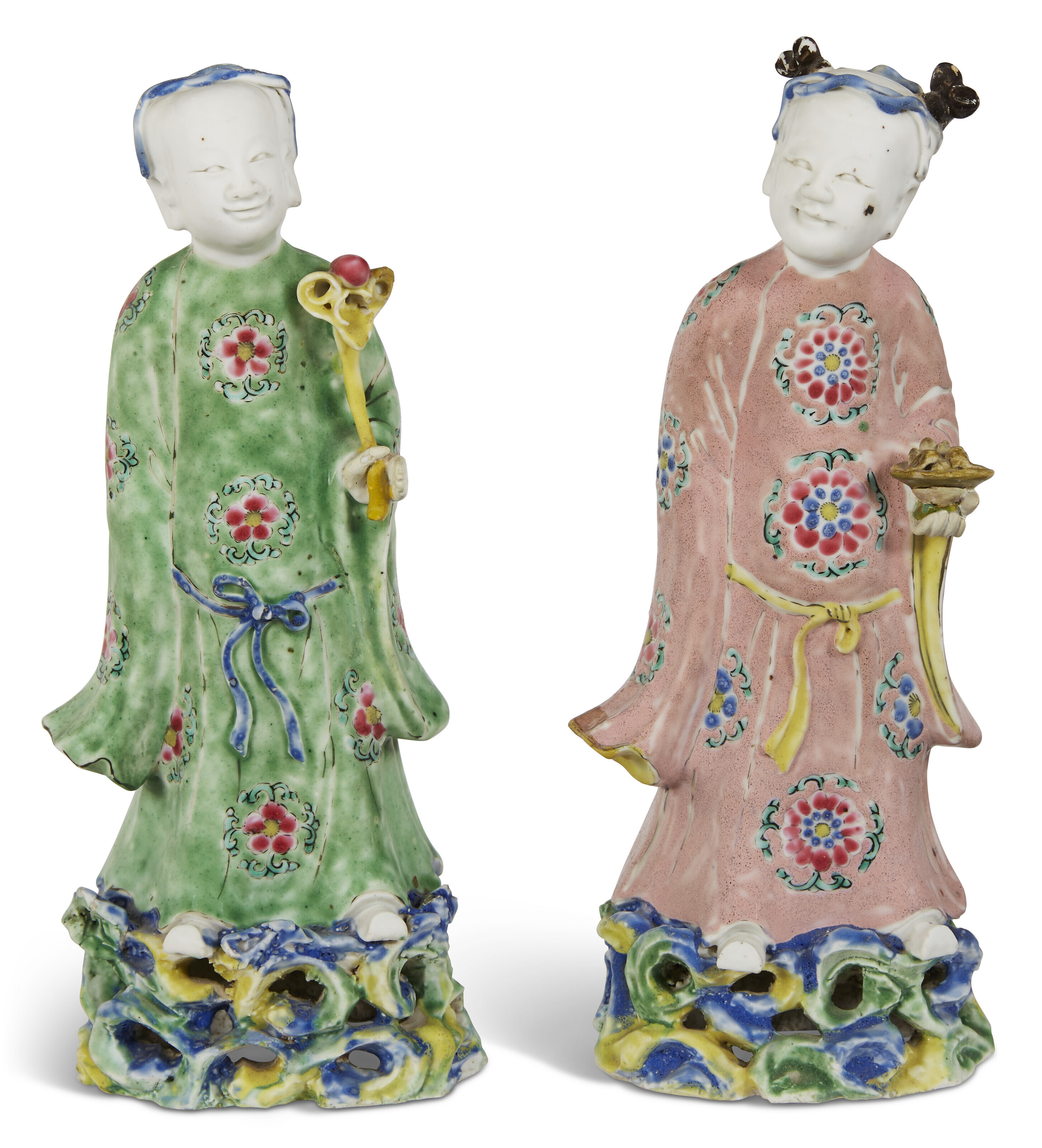 A PAIR OF CHINESE EXPORT PORCELAIN FAMILLE ROSE FIGURES, QIANLONG ...