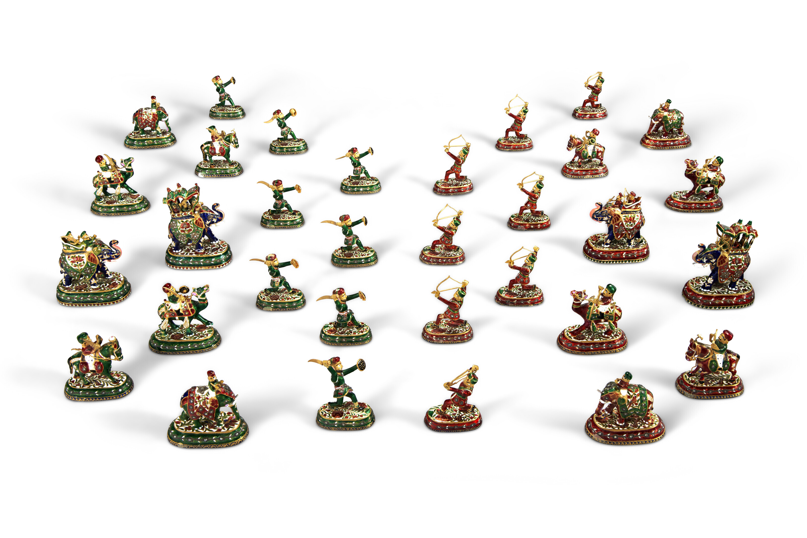 A COMPLETE SET OF GEM-SET GILT AND ENAMELED CHESS PIECES, INDIA, JAIPUR ...