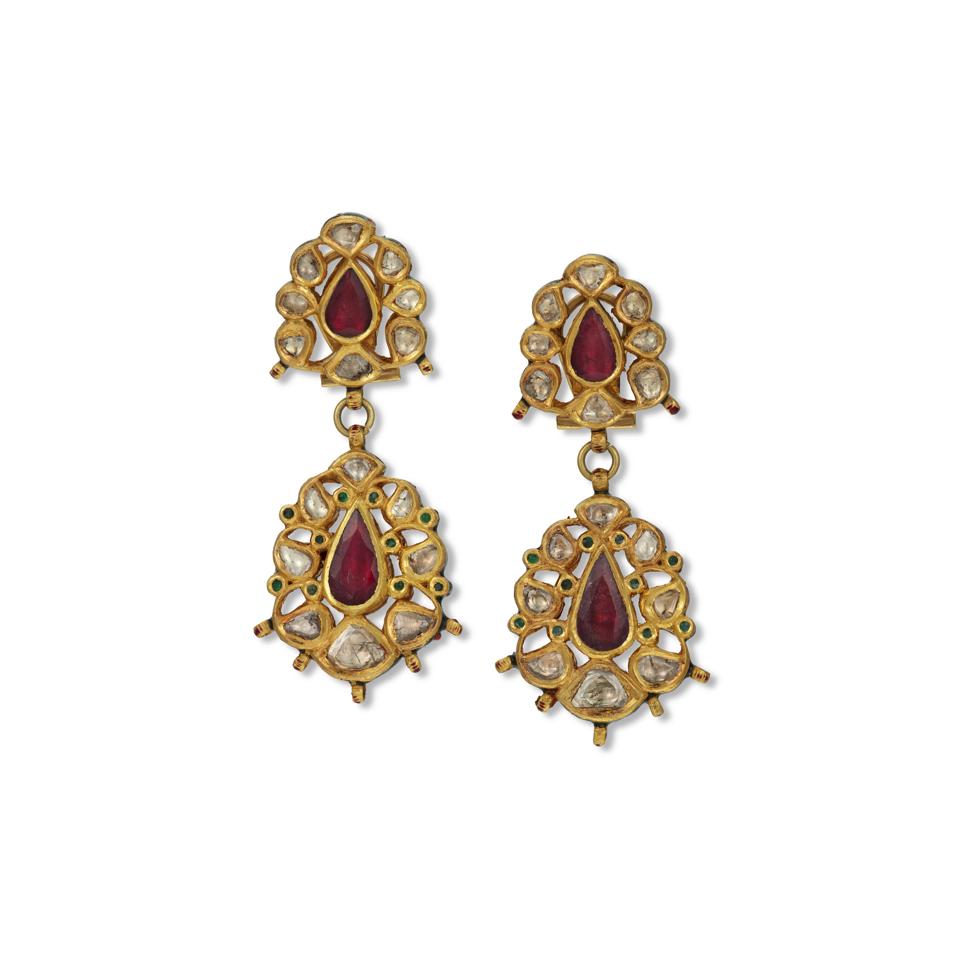 A PAIR OF INDIAN MULTI-GEM AND ENAMEL EARRINGS, | Christie’s