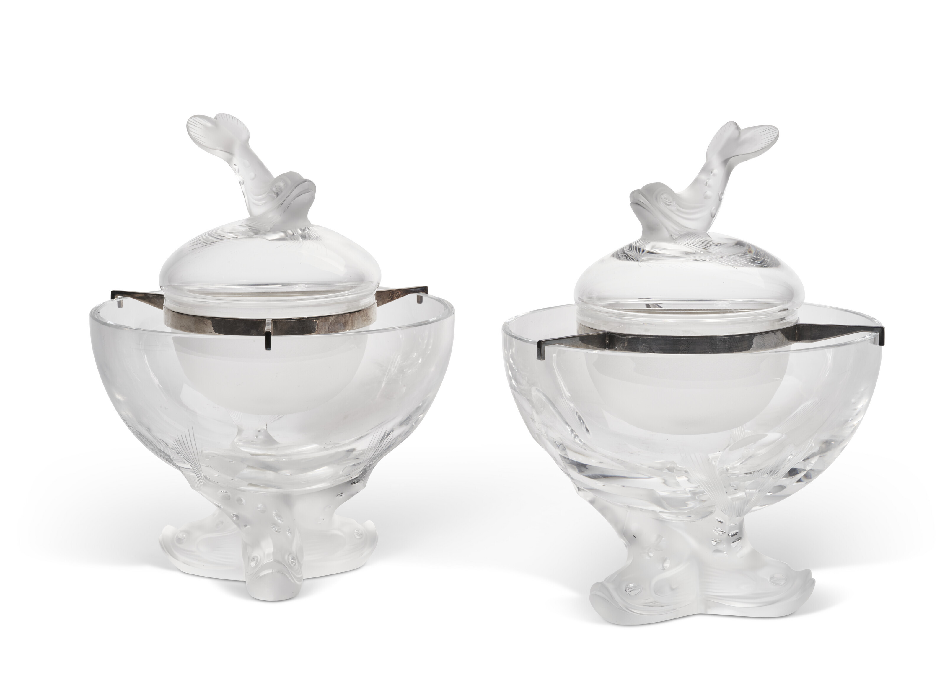 A PAIR OF LALIQUE COLORLESS AND FROSTED GLASS 'IGOR' CAVIAR SERVERS ...