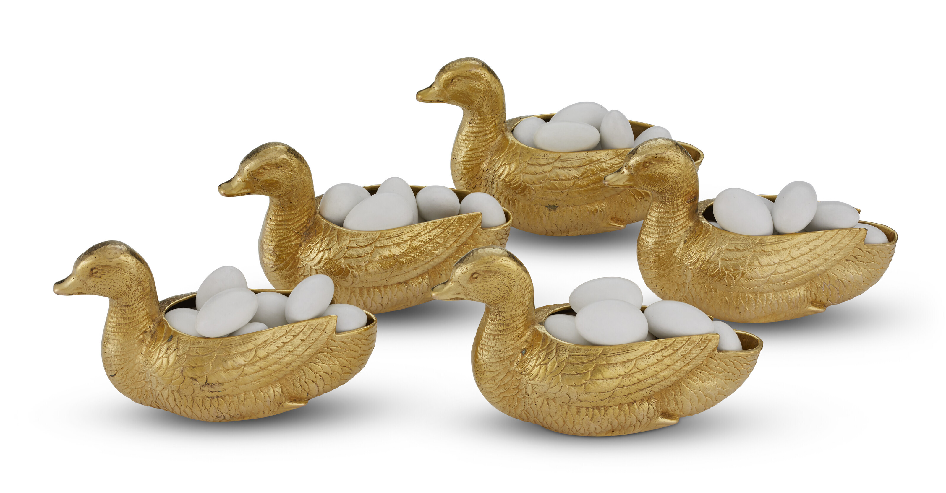 A SET OF FIVE VICTORIAN GILT SILVER-PLATED DUCK-FORM SALT CELLARS, LAST ...