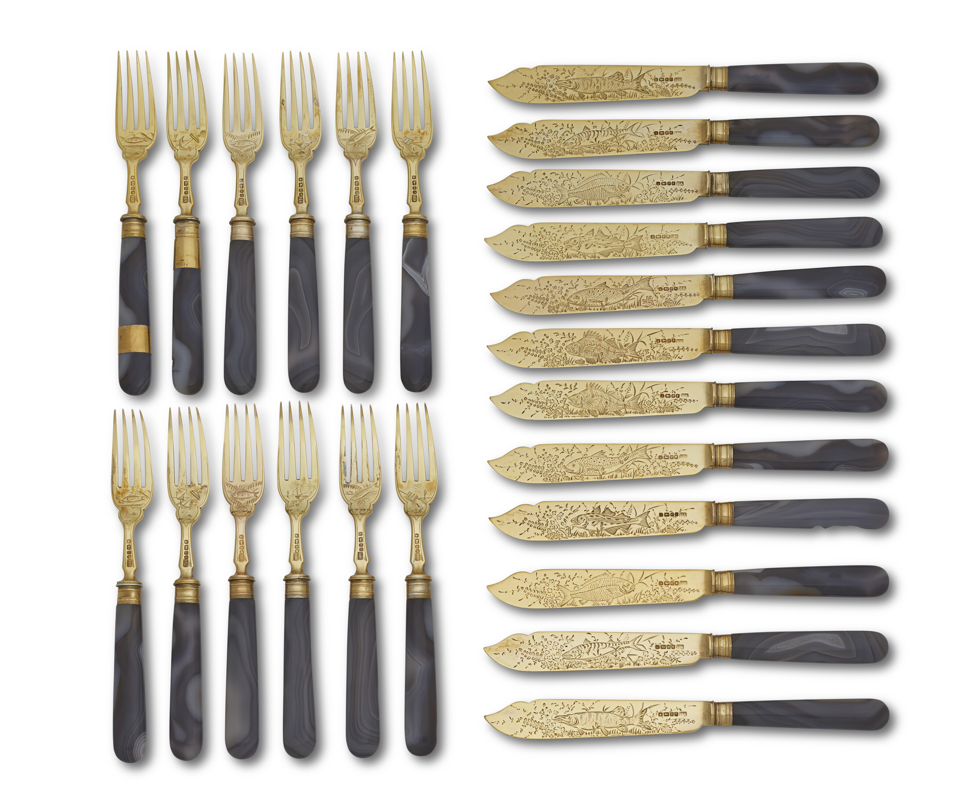 A VICTORIAN SILVER-GILT AND AGATE FISH FLATWARE SERVICE, MARK OF ATKIN ...