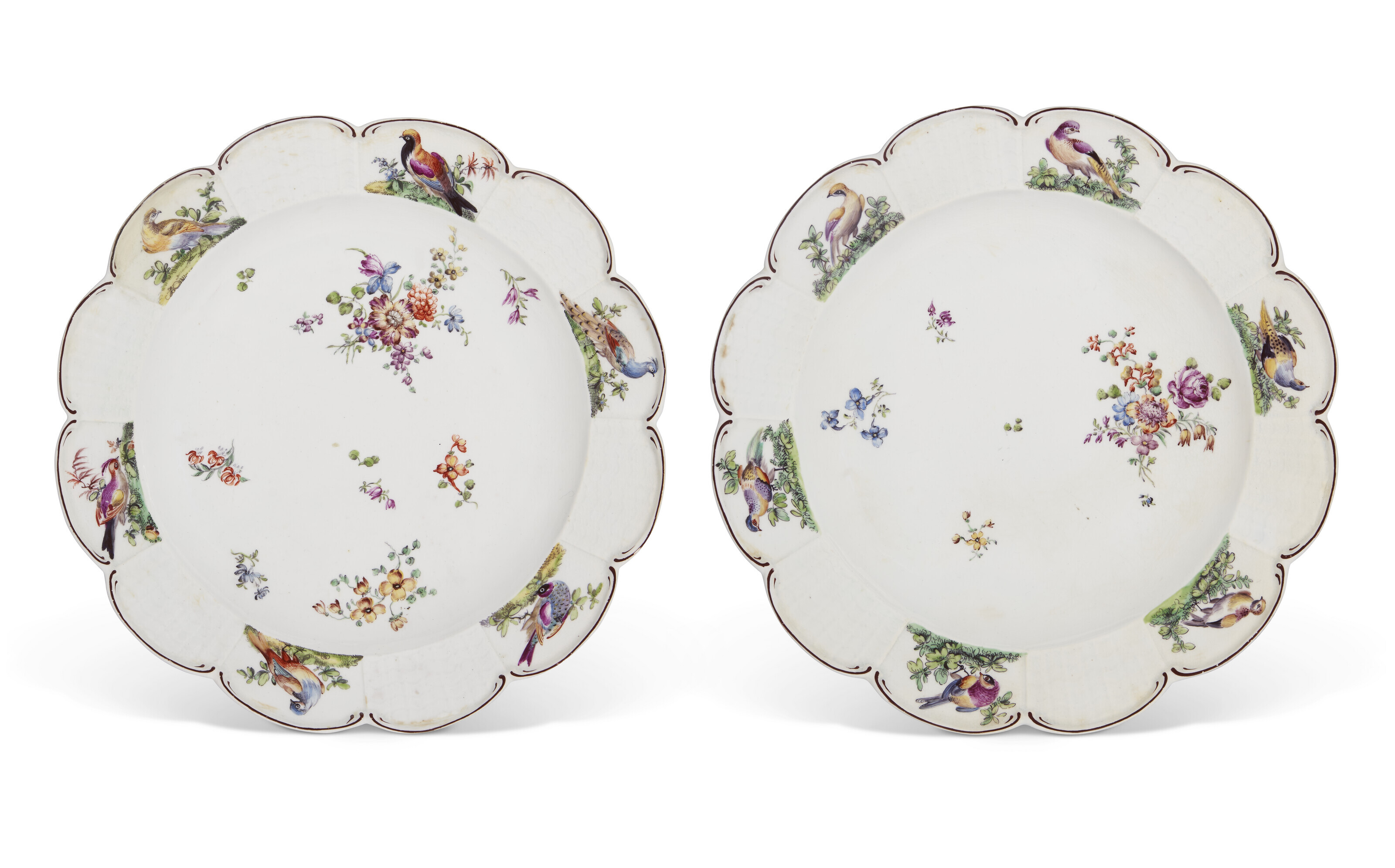 A PAIR OF CHELSEA PORCELAIN LOBED PLATES, CIRCA 1755, IRON-RED ANCHOR ...