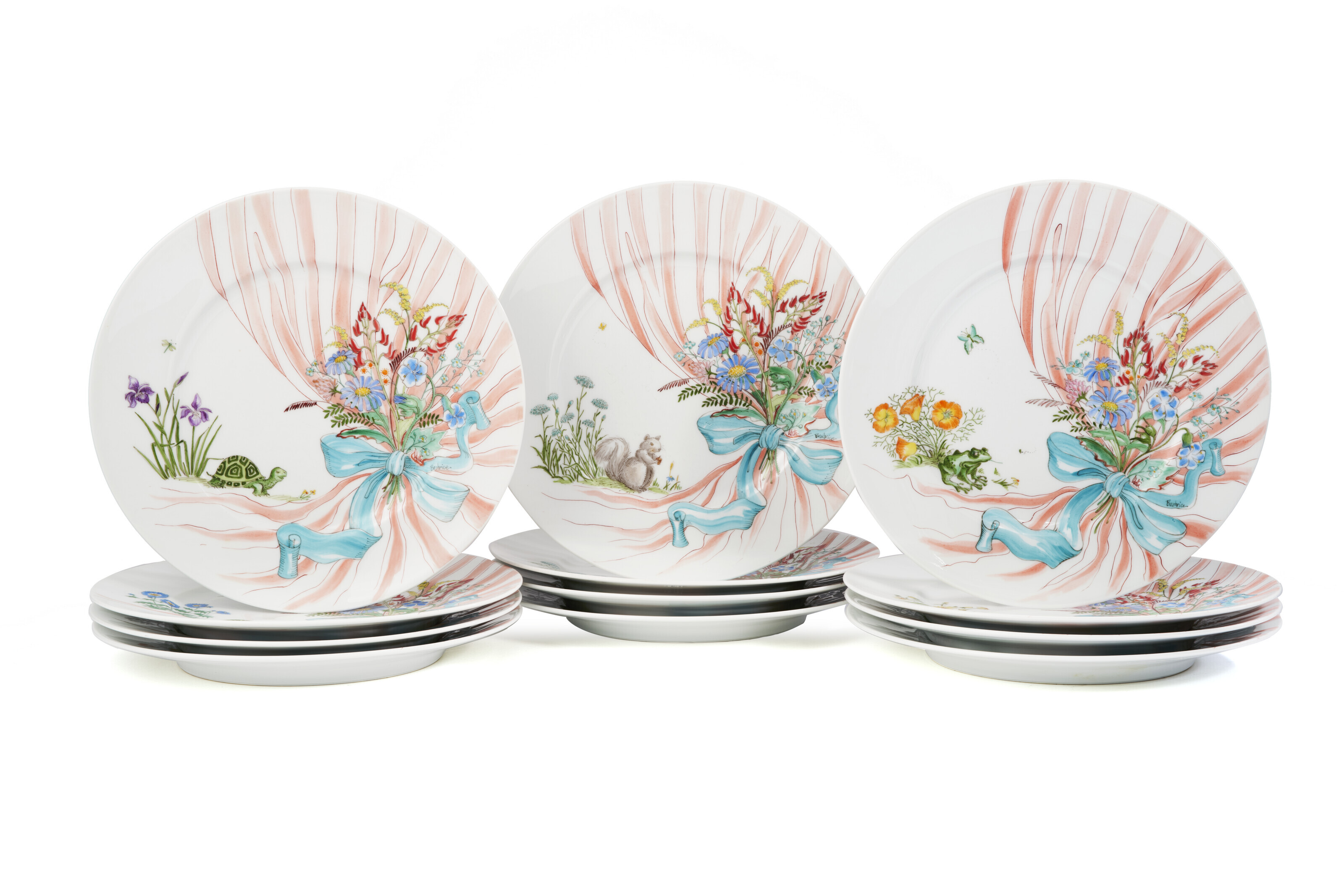 TWELVE LIMOGES (RAYNAUD) PORCELAIN DINNER PLATES, CIRCA 1979, GREEN AND ...