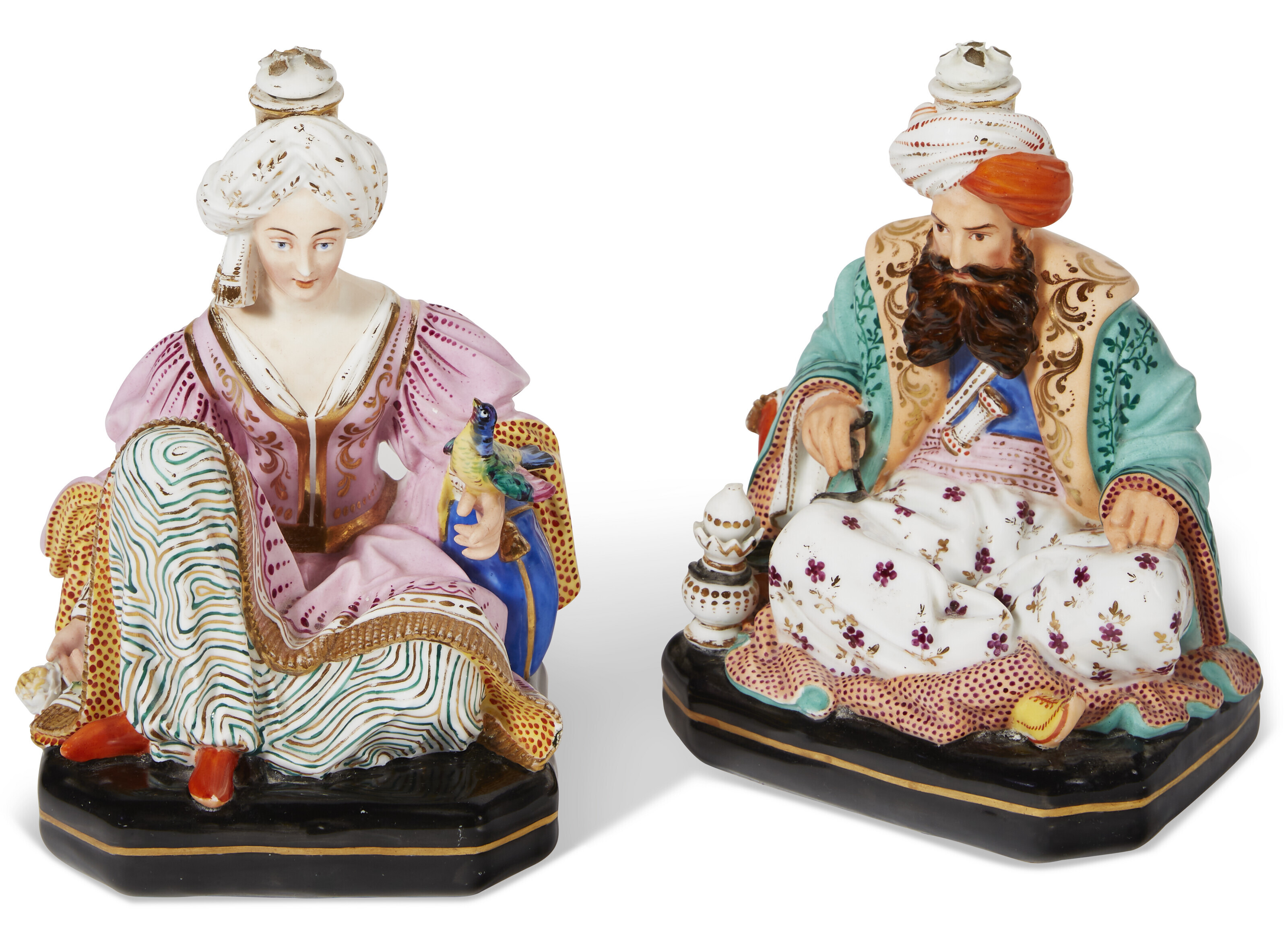 A PAIR OF JACOB PETIT PORCELAIN FIGURAL SCENT BOTTLES AND TWO STOPPERS ...