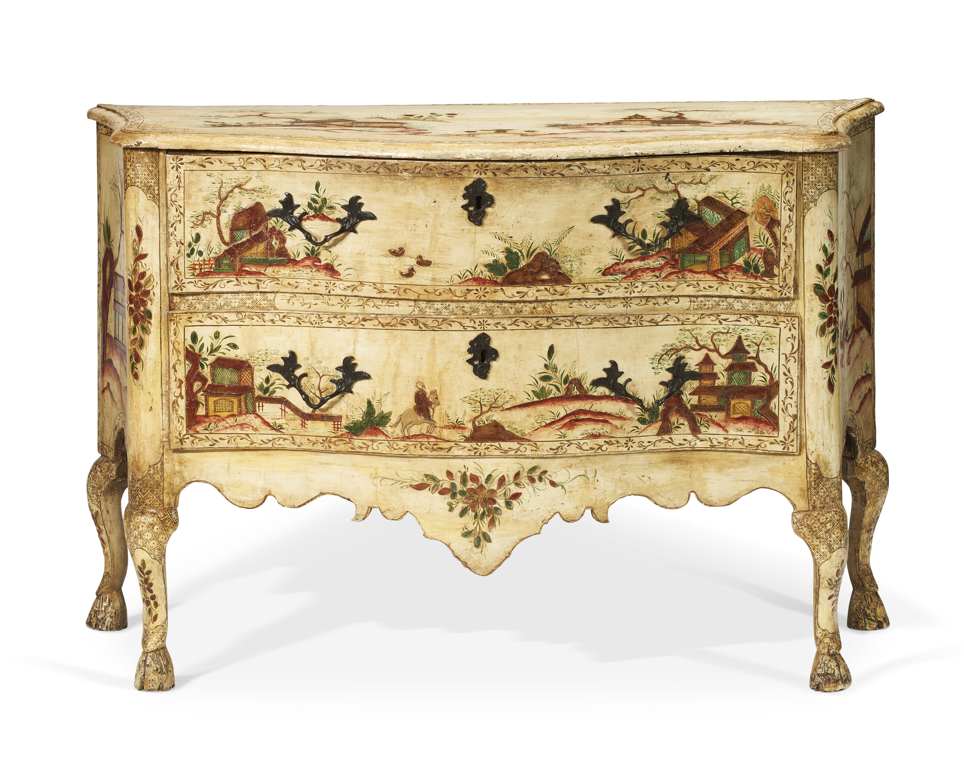 A SOUTH ITALIAN CREAM AND POLYCHROME-PAINTED COMMODE, SICILY, MID-18TH ...