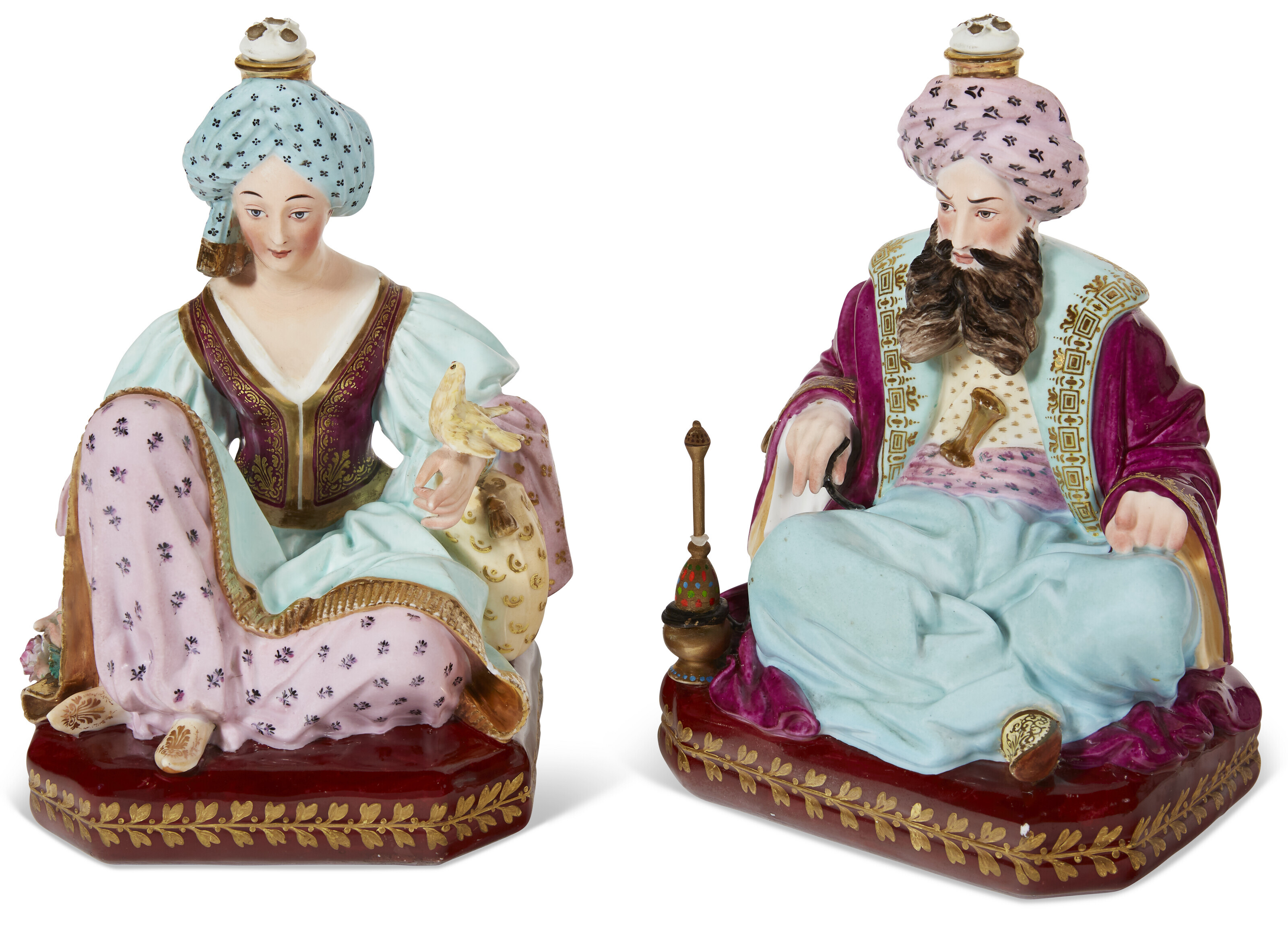 A PAIR OF JACOB PETIT PORCELAIN FIGURAL SCENT BOTTLES AND TWO STOPPERS ...