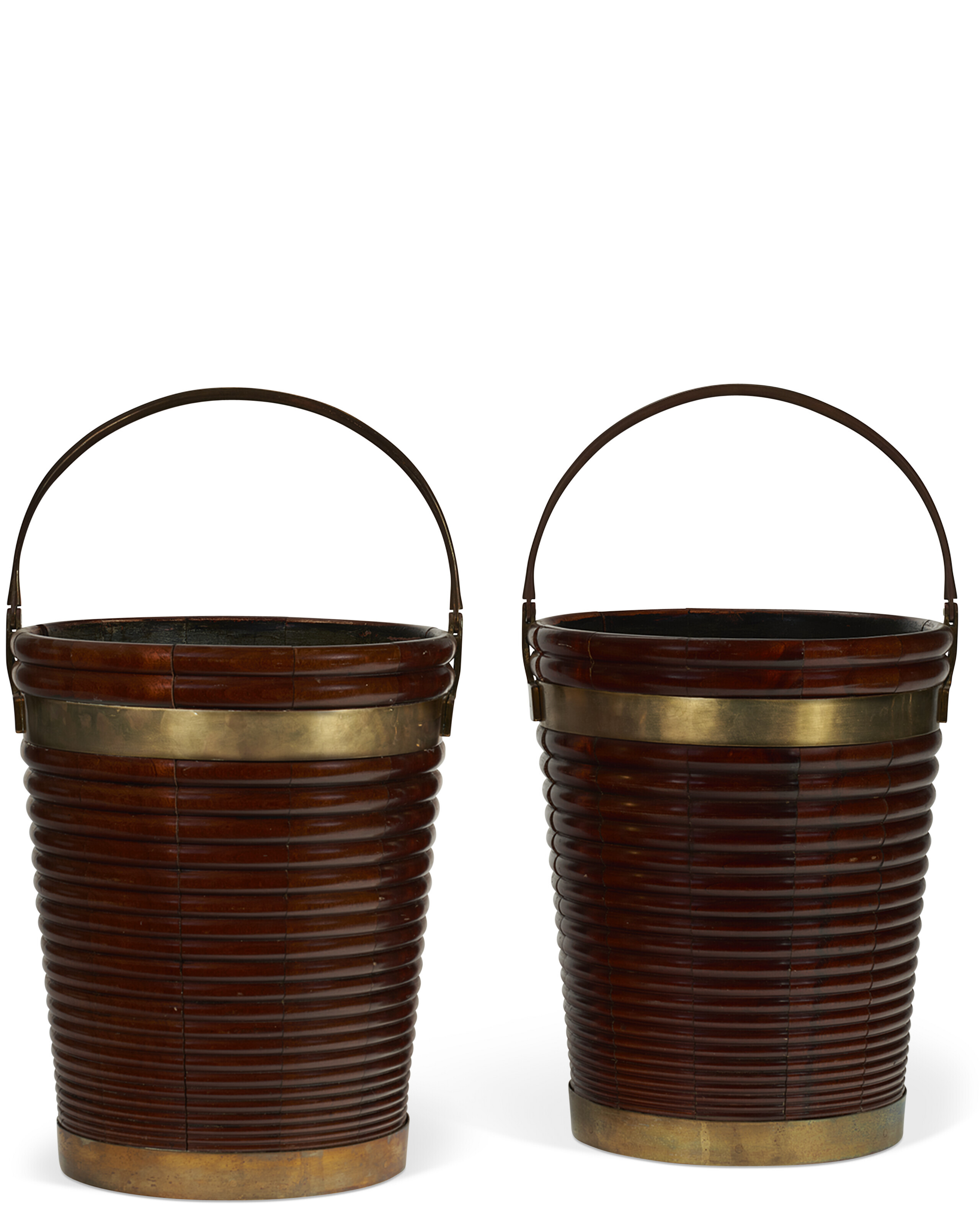 A PAIR OF IRISH GEORGE III BRASS-MOUNTED MAHOGANY PEAT BUCKETS, CIRCA ...