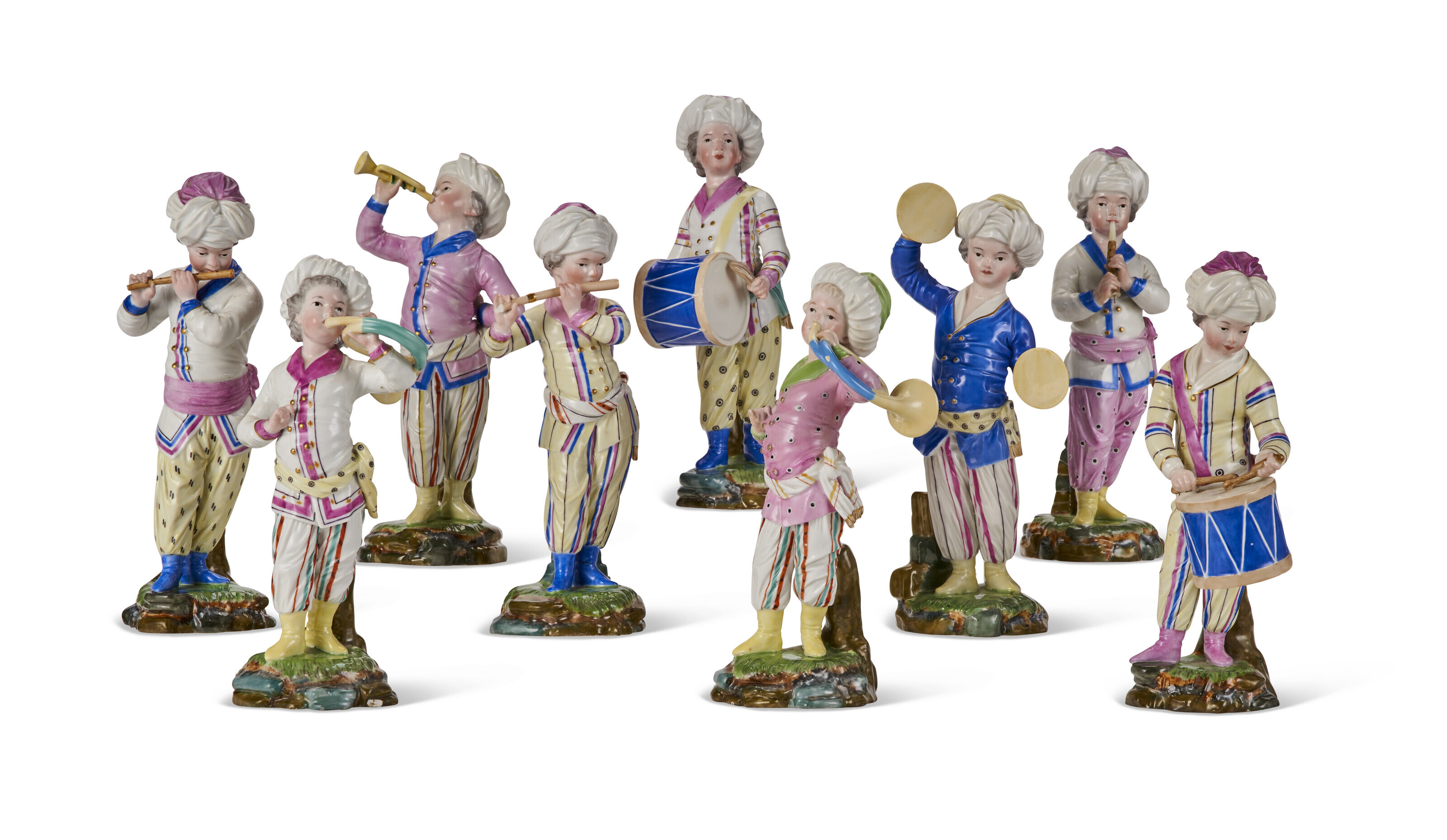 NINE GERMAN PORCELAIN MODELS OF TURKISH MUSICIANS, LIKELY 19TH CENTURY ...