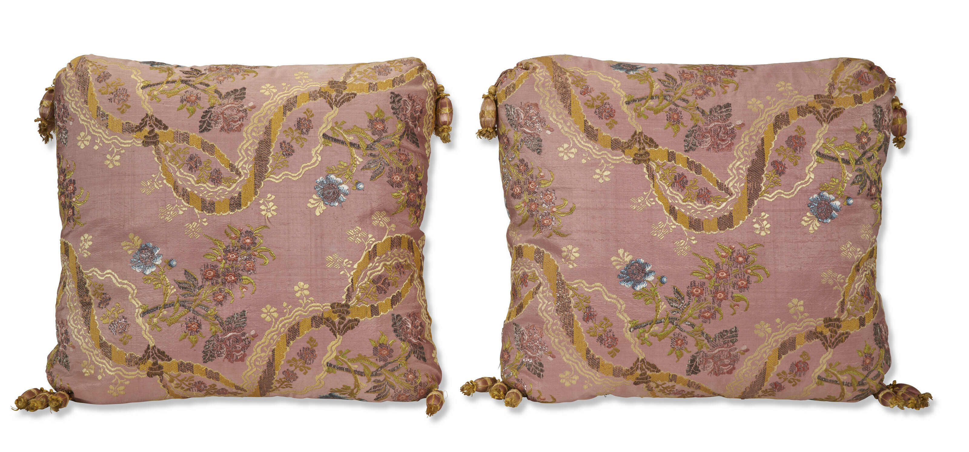 A PAIR OF PINK SILK BROCADE PILLOWS, THE SILK BROCADE POSSIBLY FRENCH ...