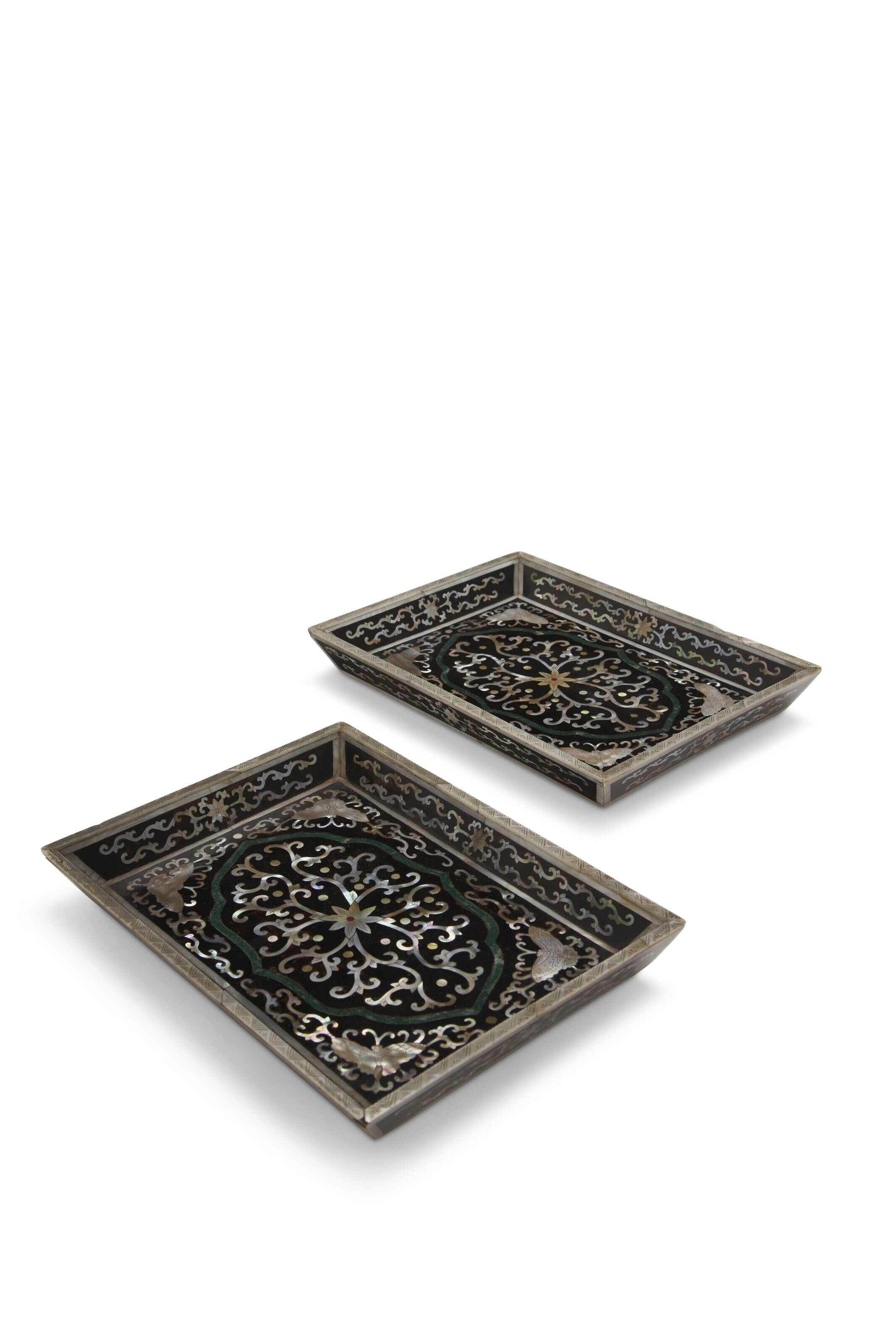 A PAIR OF MOTHER-OF-PEARL INLAID EBONIZED TRAYS, POSSIBLY INDIAN, 19TH ...