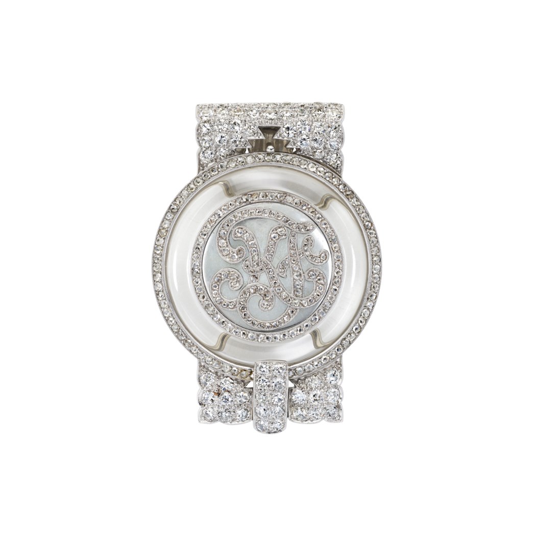 CARTIER ART DECO DIAMOND AND ROCK CRYSTAL WATCH-BROOCH | Christie's