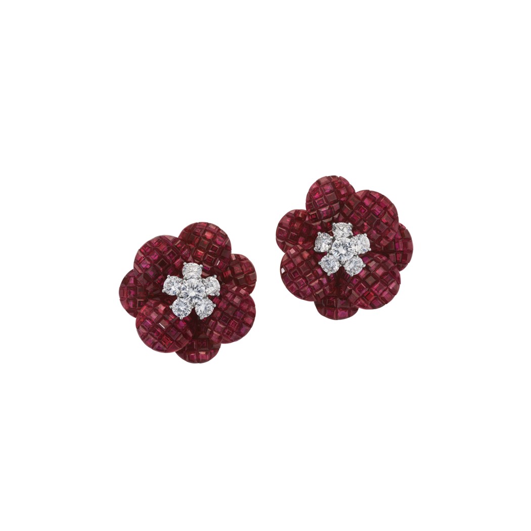 VAN CLEEF & ARPELS RUBY AND DIAMOND 'MYSTERY-SET' FLOWER EARRINGS ...