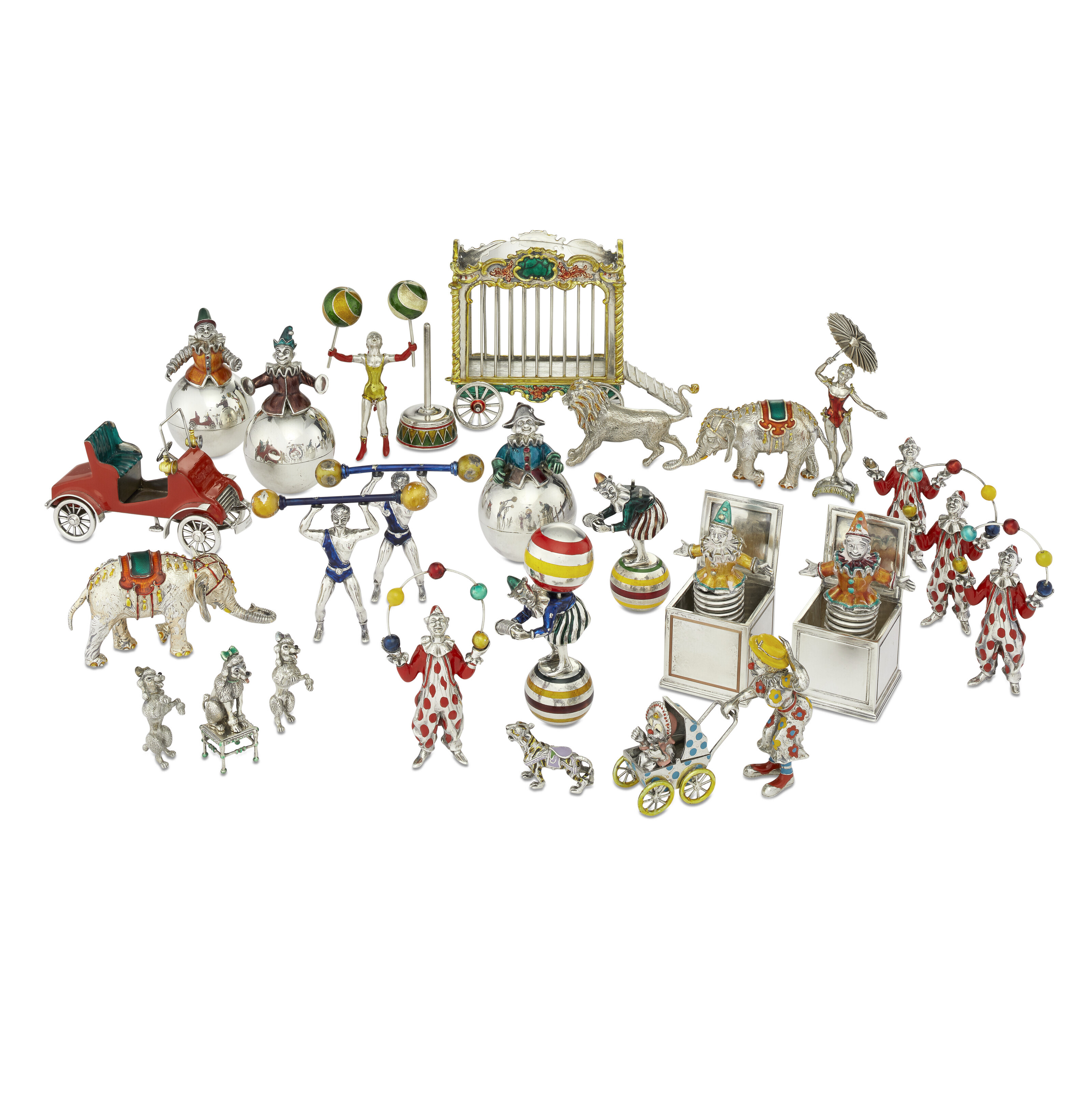 GENE MOORE, TIFFANY & CO. GROUP OF SILVER AND ENAMEL CIRCUS FIGURINES ...