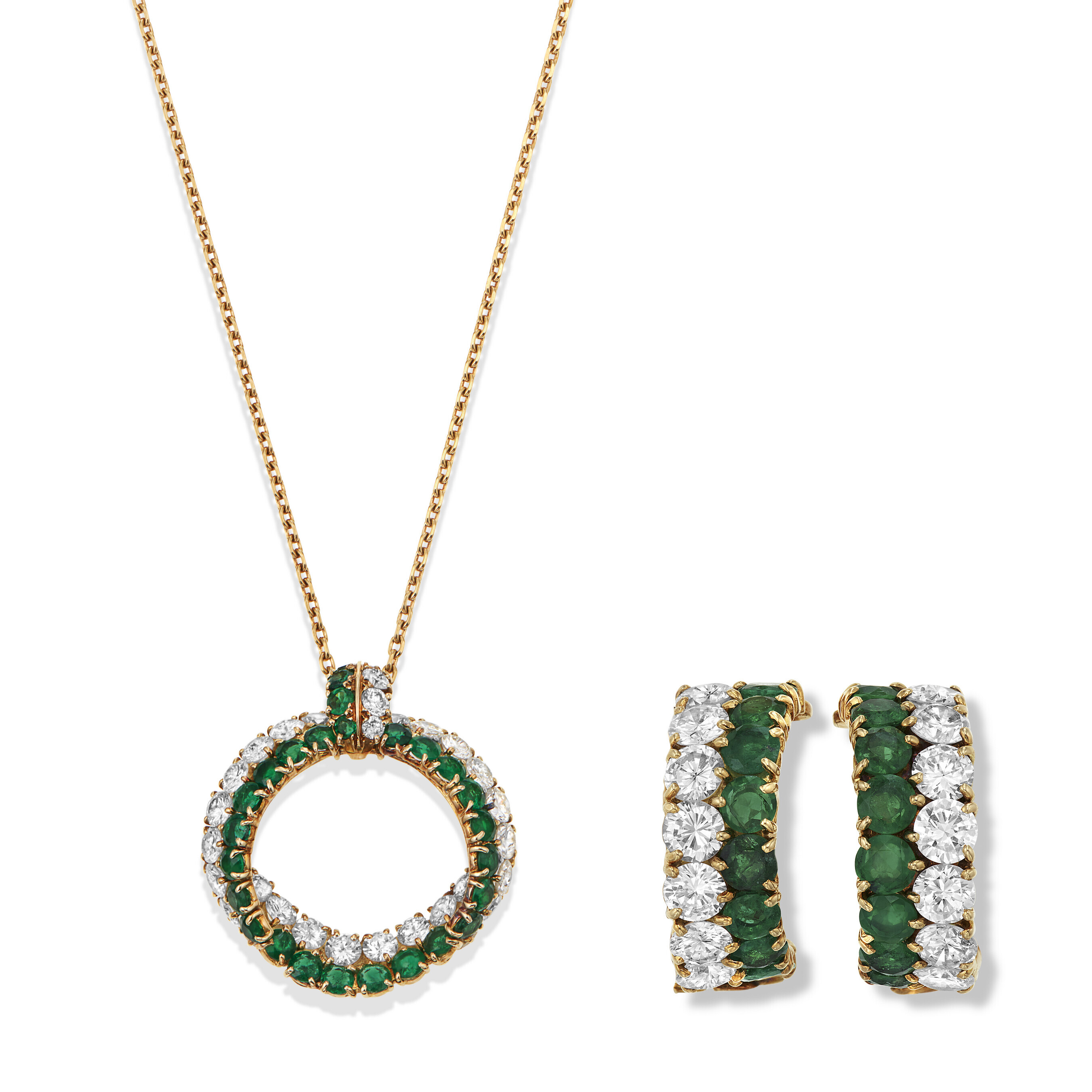 VAN CLEEF & ARPELS EMERALD AND DIAMOND EARRINGS AND NECKLACE, MOUNTED ...
