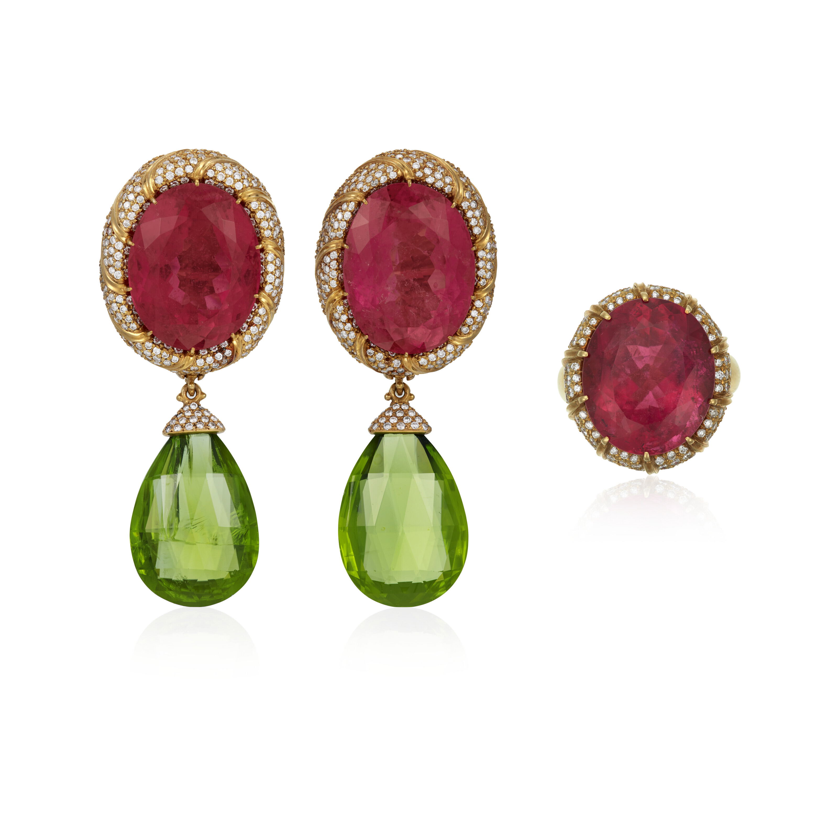 NO RESERVE | SET OF PINK TOURMALINE, PERIDOT AND DIAMOND JEWELRY ...