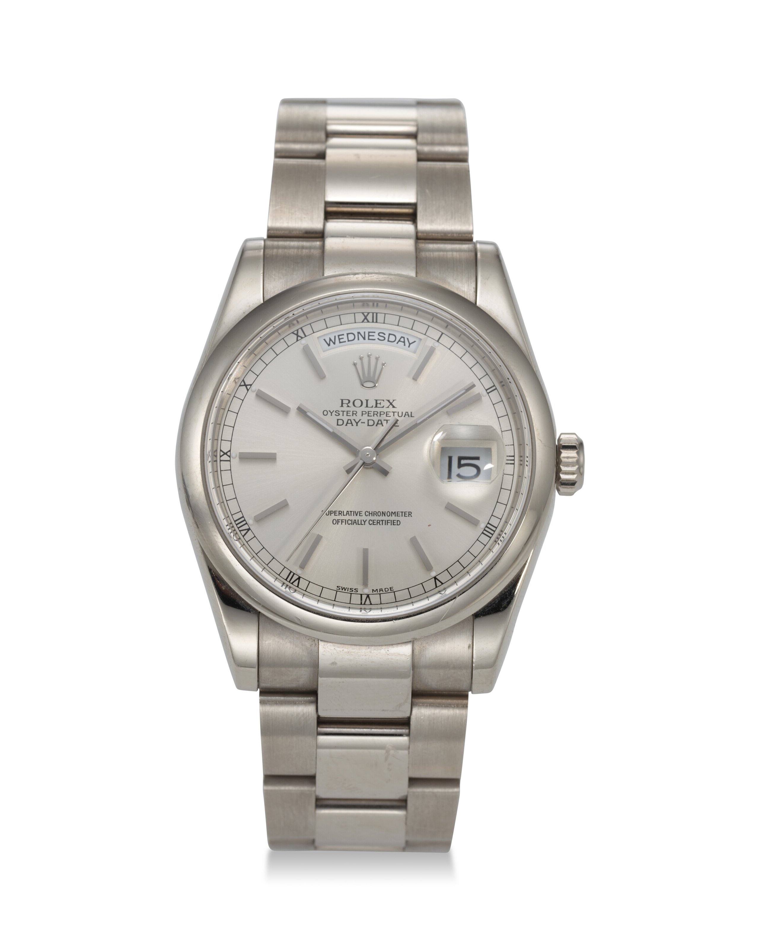 ROLEX, REF. 118209, DAY-DATE, AN 18K WHITE GOLD WRISTWATCH WITH DAY AND ...