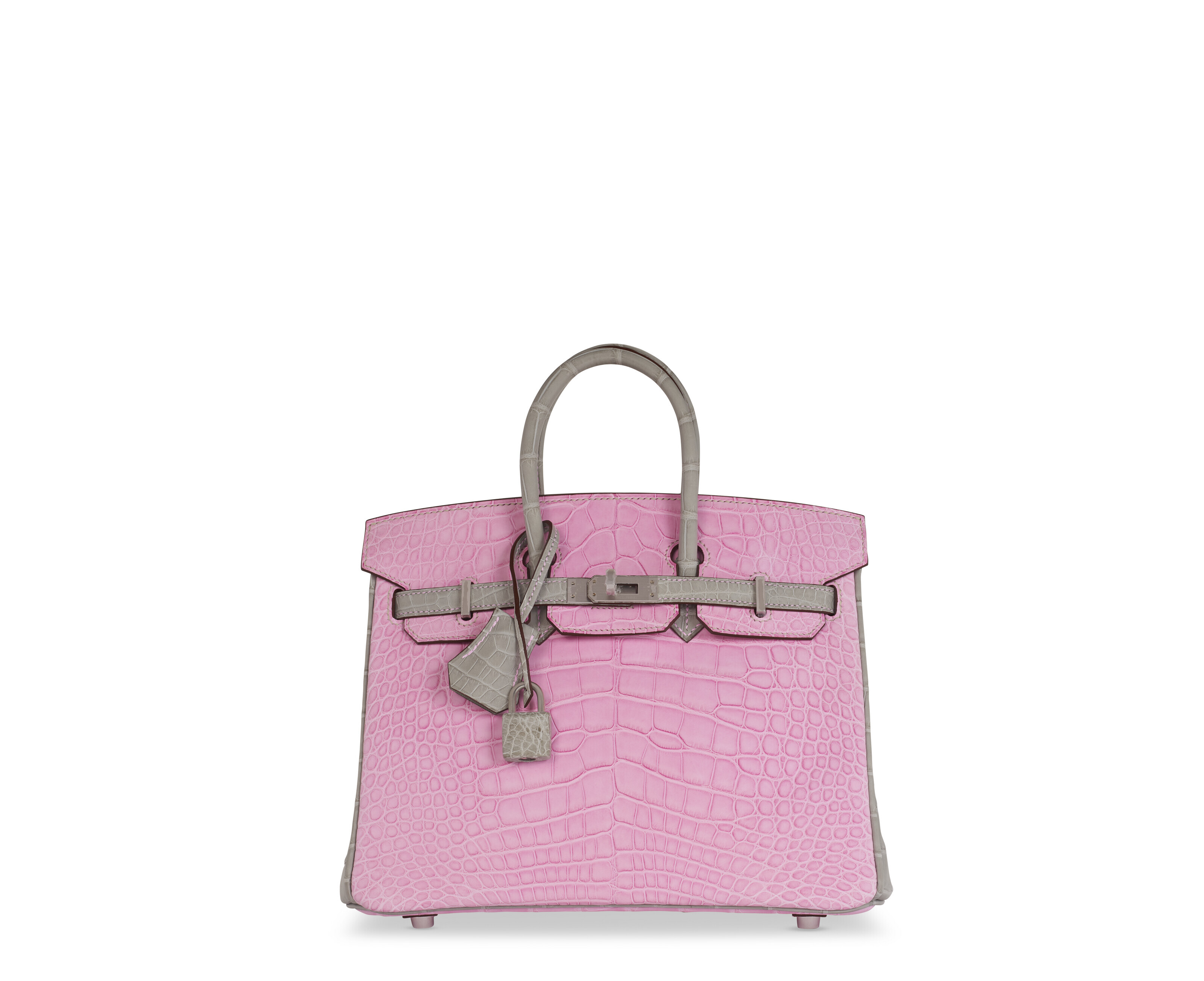 A CUSTOM MATTE PINK 5P & GRIS PERLE ALLIGATOR BIRKIN 25 WITH BRUSHED ...