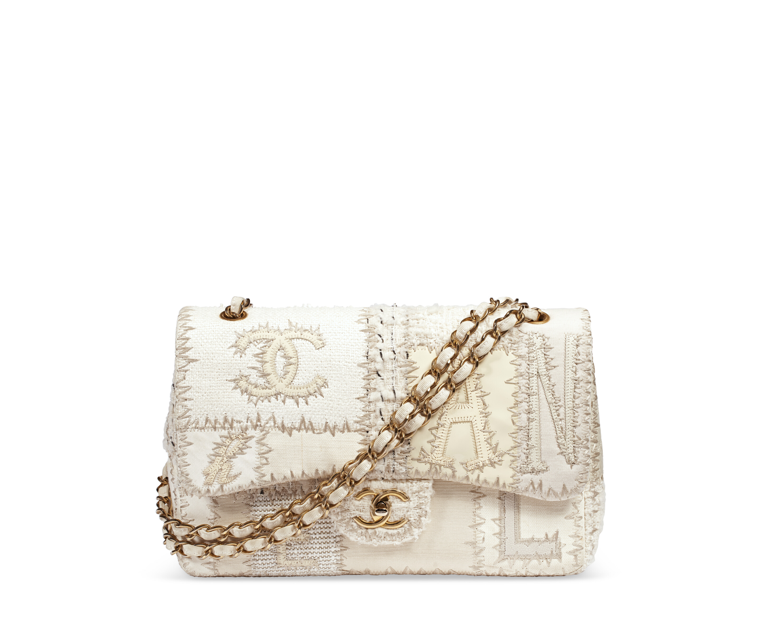 A CREAM TWEED PATCHWORK JUMBO SINGLE FLAP BAG WITH GOLD HARDWARE ...