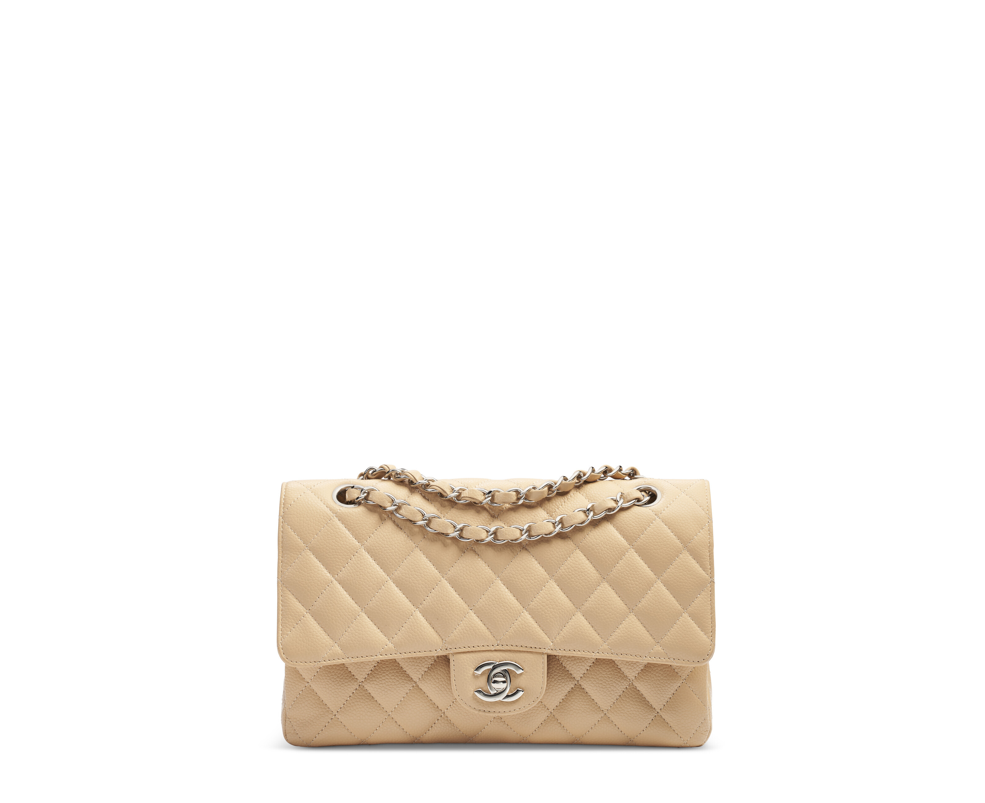 A BEIGE CAVIAR LEATHER MEDIUM DOUBLE FLAP BAG WITH SILVER HARDWARE ...