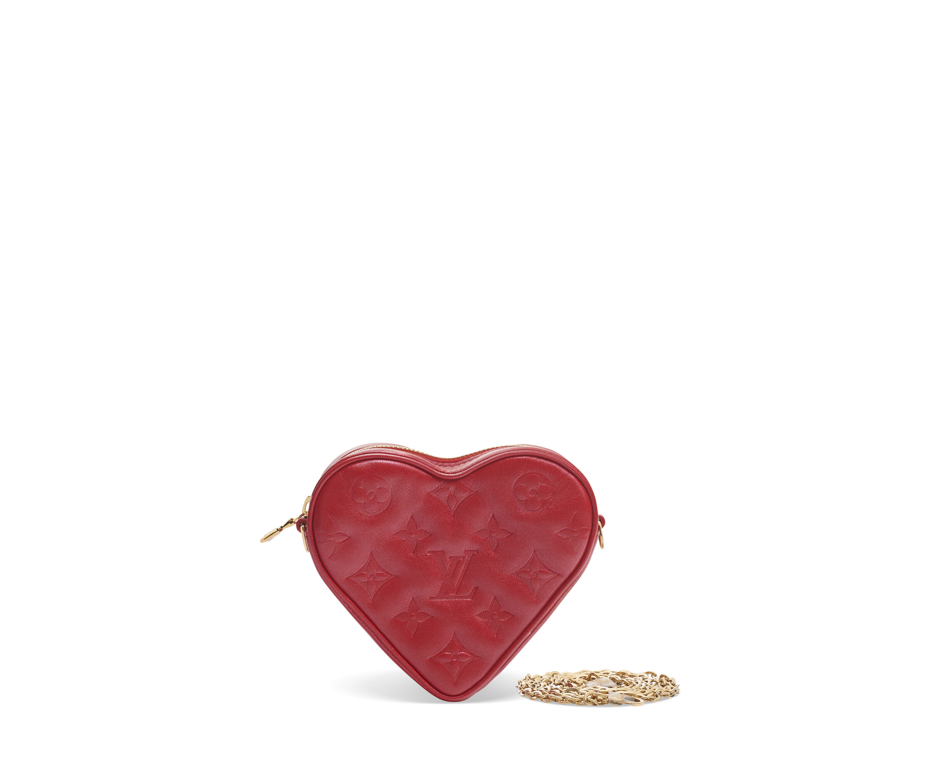 A RED EMBOSSED MONOGRAM HEART ON CHAIN WITH GOLD HARDWARE, LOUIS ...