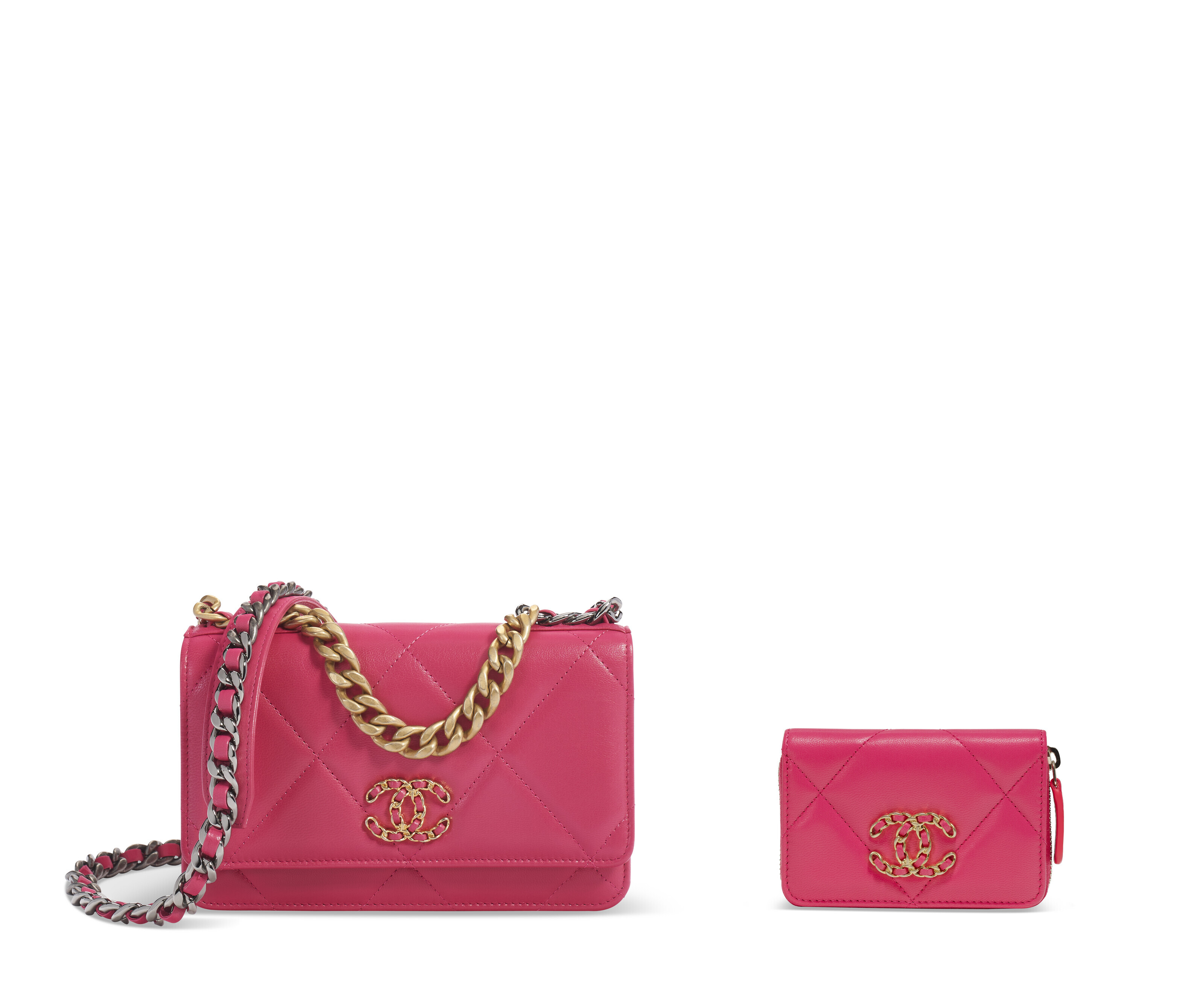 SET OF TWO: A PINK LAMBSKIN LEATHER CHANEL 19 WALLET ON CHAIN & COIN ...