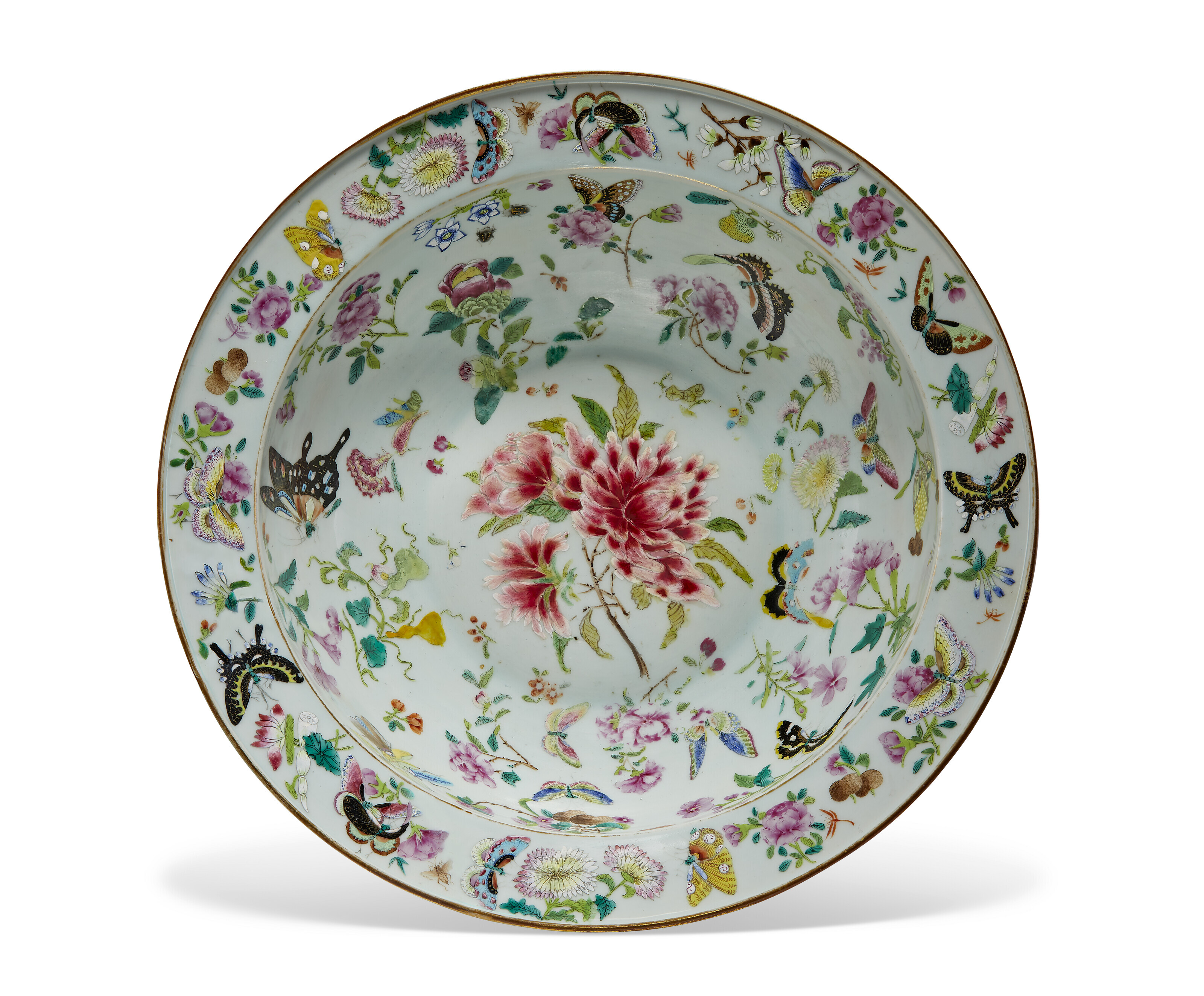 A LARGE FAMILLE ROSE BASIN WITH FLOWERS AND INSECTS, LATE QING DYNASTY ...