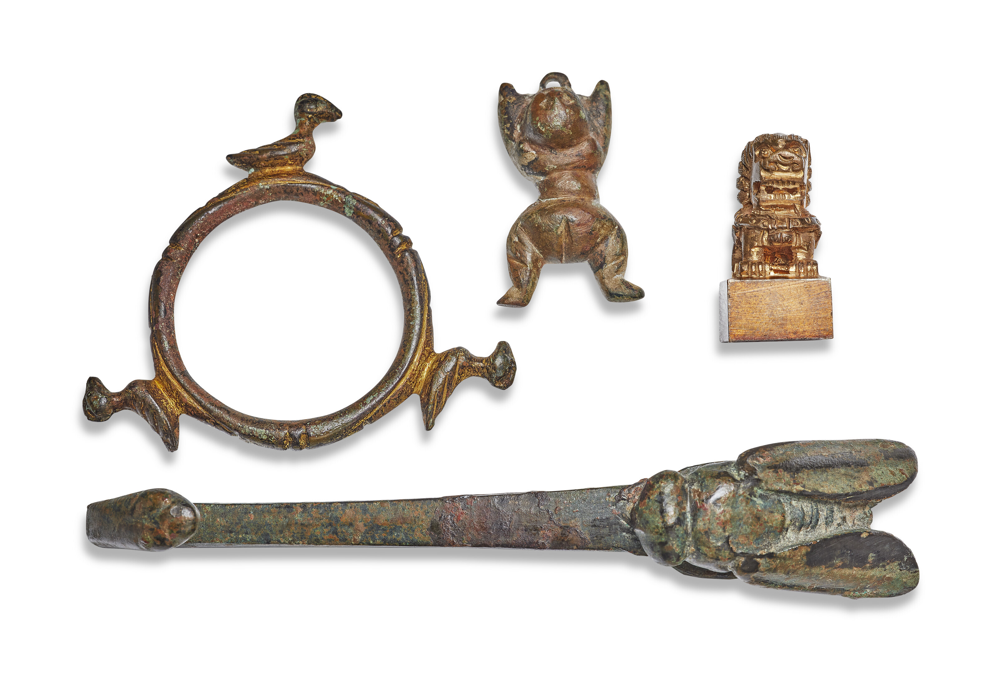 THREE SMALL BRONZE OBJECTS, HAN-MING DYNASTY (206 BC-1644) OR LATER ...