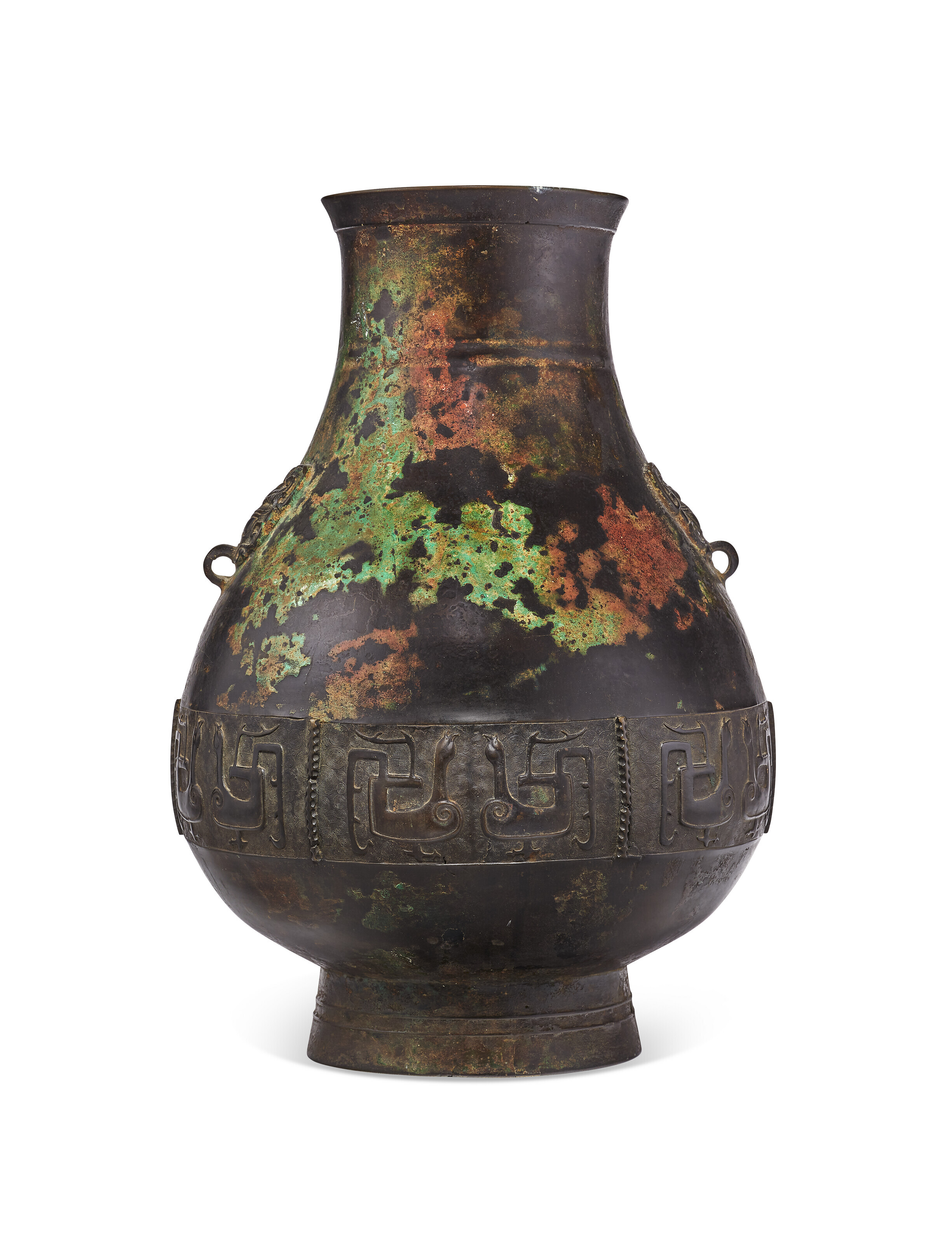 A LARGE BRONZE ARCHAISTIC PEAR-SHAPED HU-FORM VASE, MING-QING DYNASTY ...