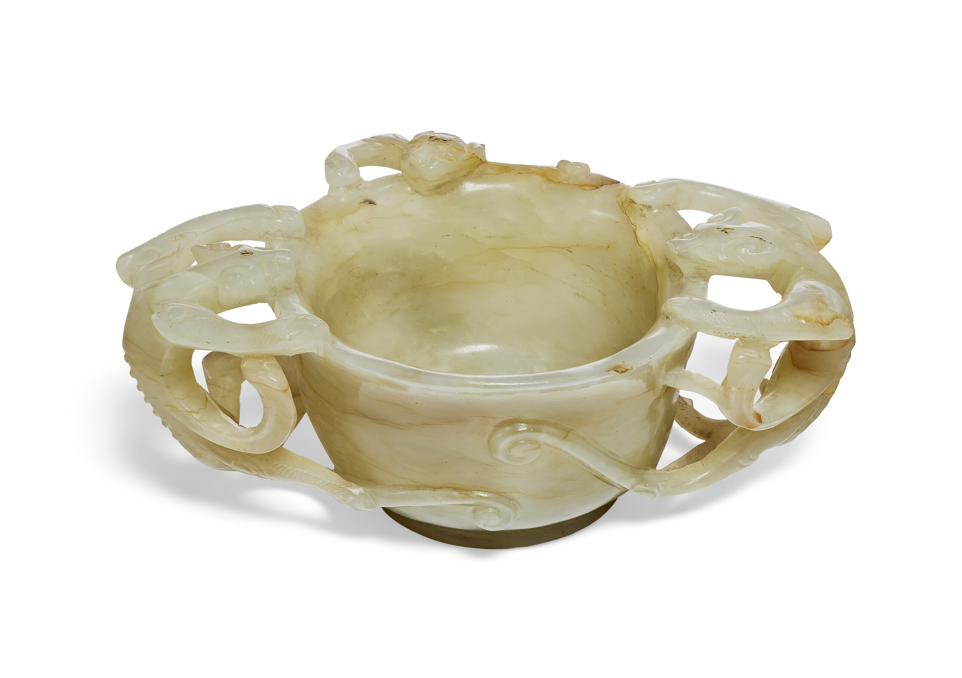 A PALE GREYISH-WHITE `CHILONG' JADE CUP, LATE MING-QING DYNASTY ...