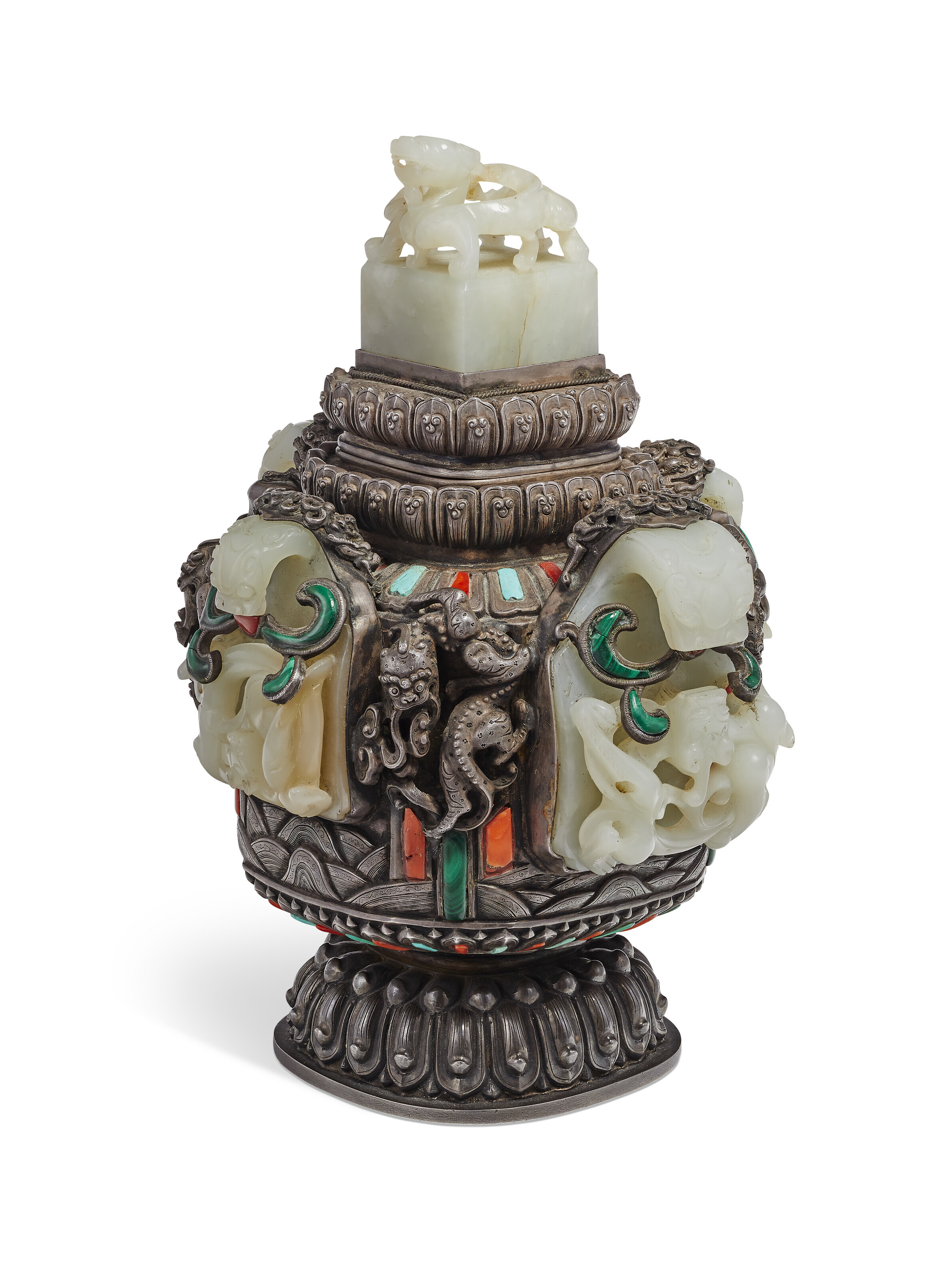 A MONGOLIAN JADE AND HARDSTONE-INSET SILVER VESSEL AND COVER, THE JADE ...