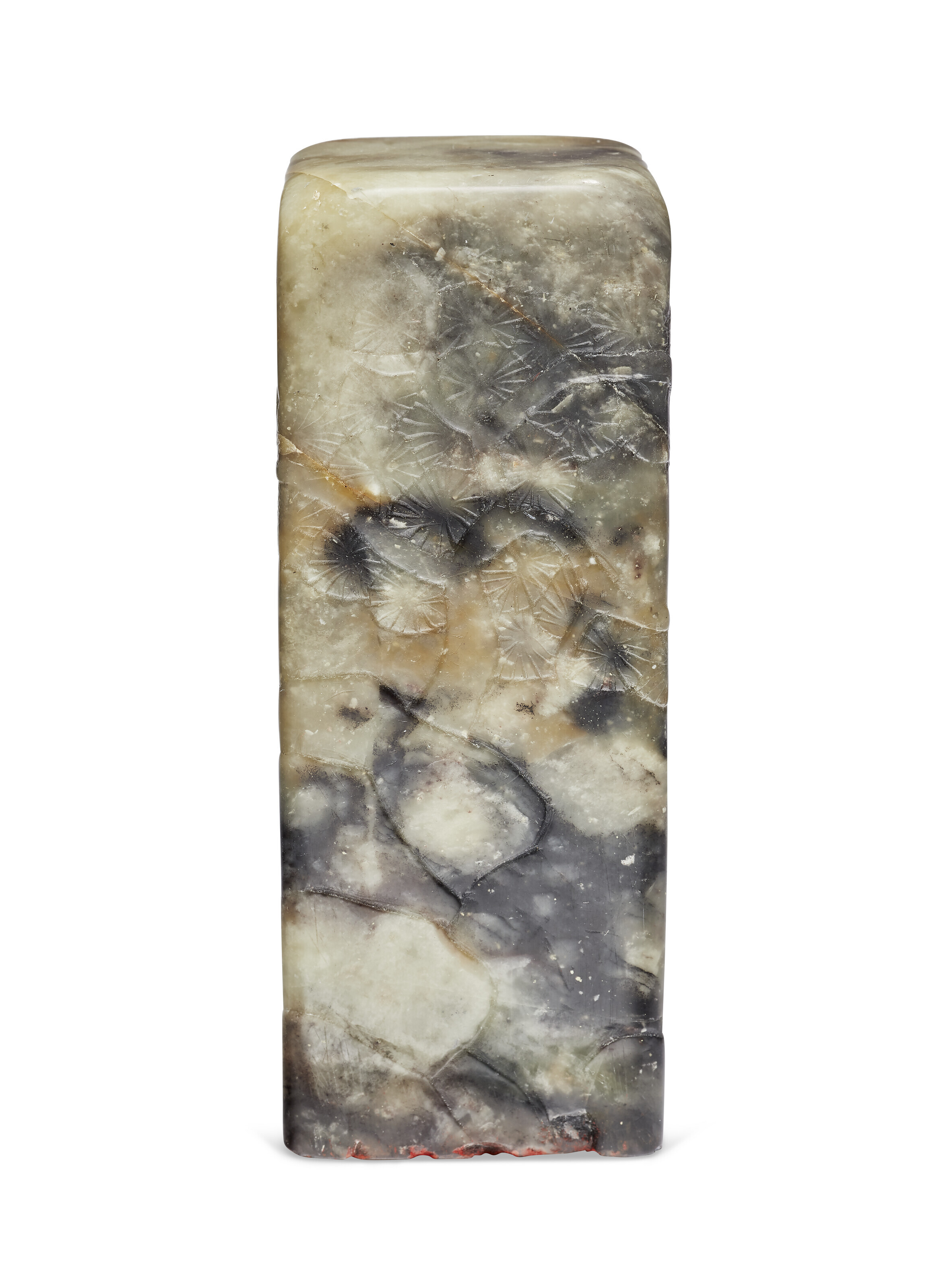 A MOTTLED BLACKISH-BEIGE AND WHITE SOAPSTONE SEAL, QING DYNASTY (1644 ...