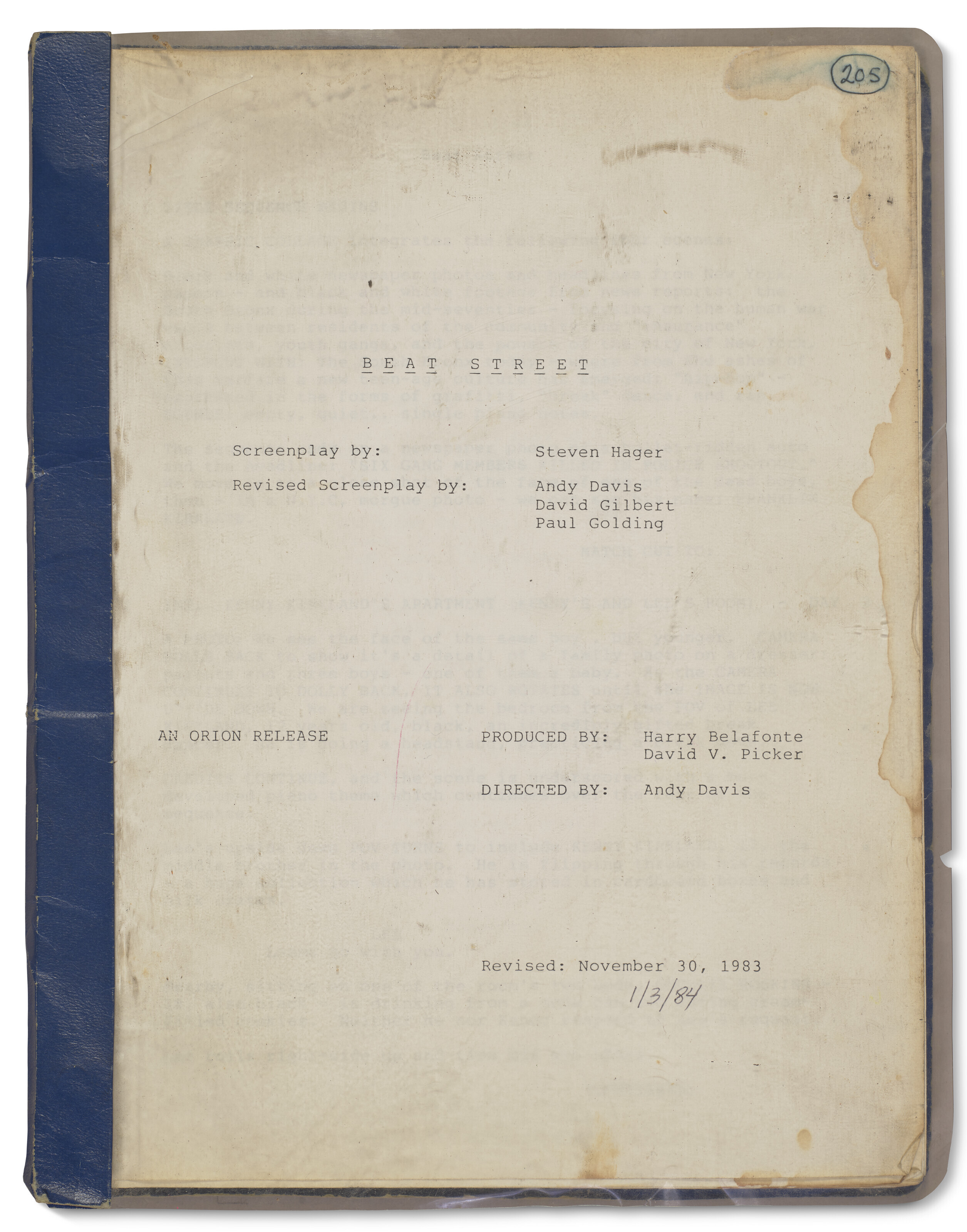 KOOL HERC’S PERSONAL COPY OF THE SCRIPT FOR THE FILM BEAT STREET, ORION ...