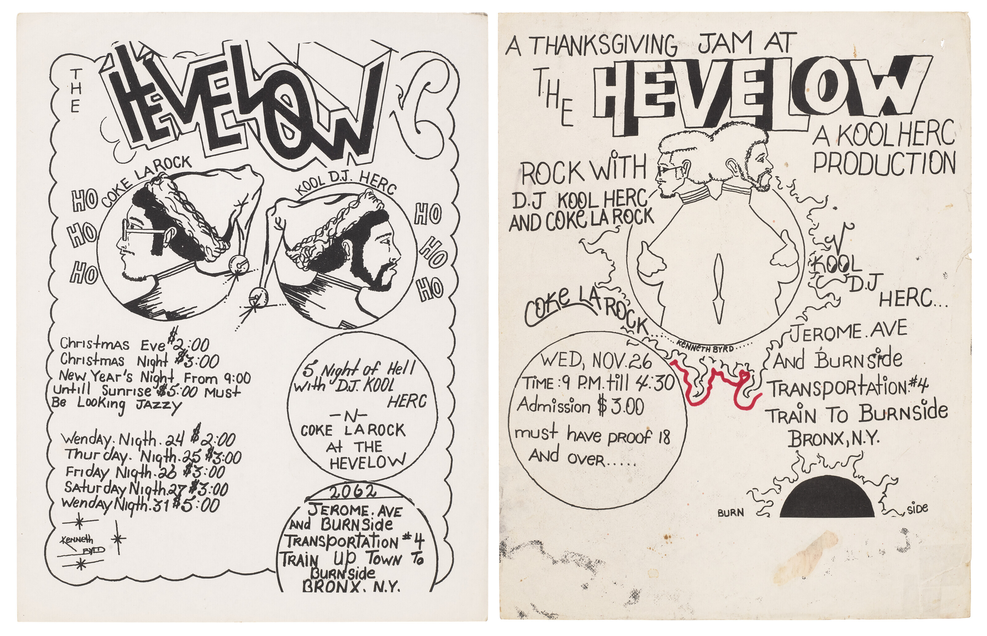 TWO FLYERS FOR DJ KOOL HERC EVENTS AT THE HEVELOW, KENNETH BYRD, [1975 ...