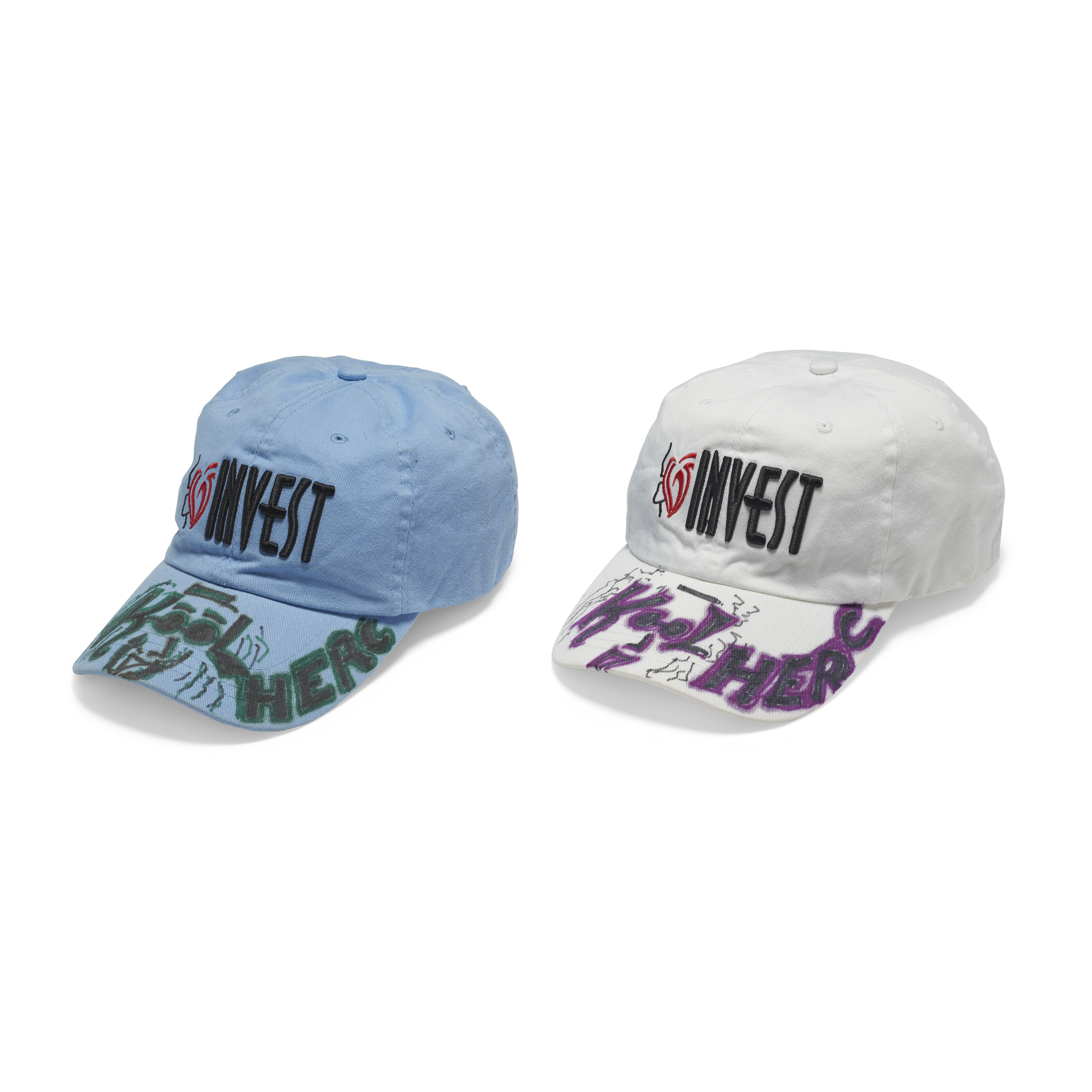 TWO ‘INVEST’ BASEBALL CAPS WITH KOOL HERC’S SIGNATURE AND DRAWINGS, MID ...