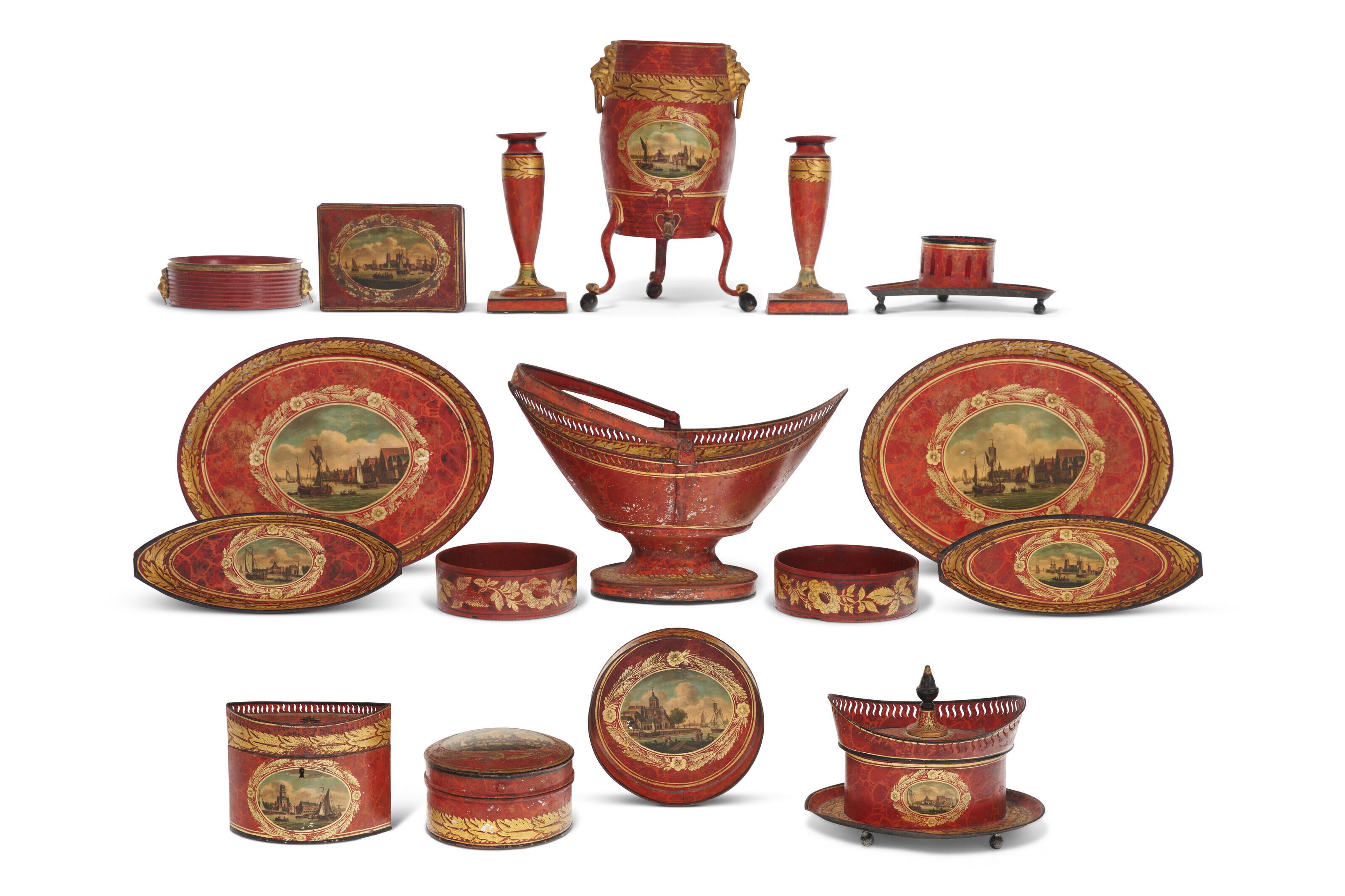 AN ASSEMBLED GROUP OF NORTH EUROPEAN POLYCHROME-DECORATED TOLE-PEINTE ...