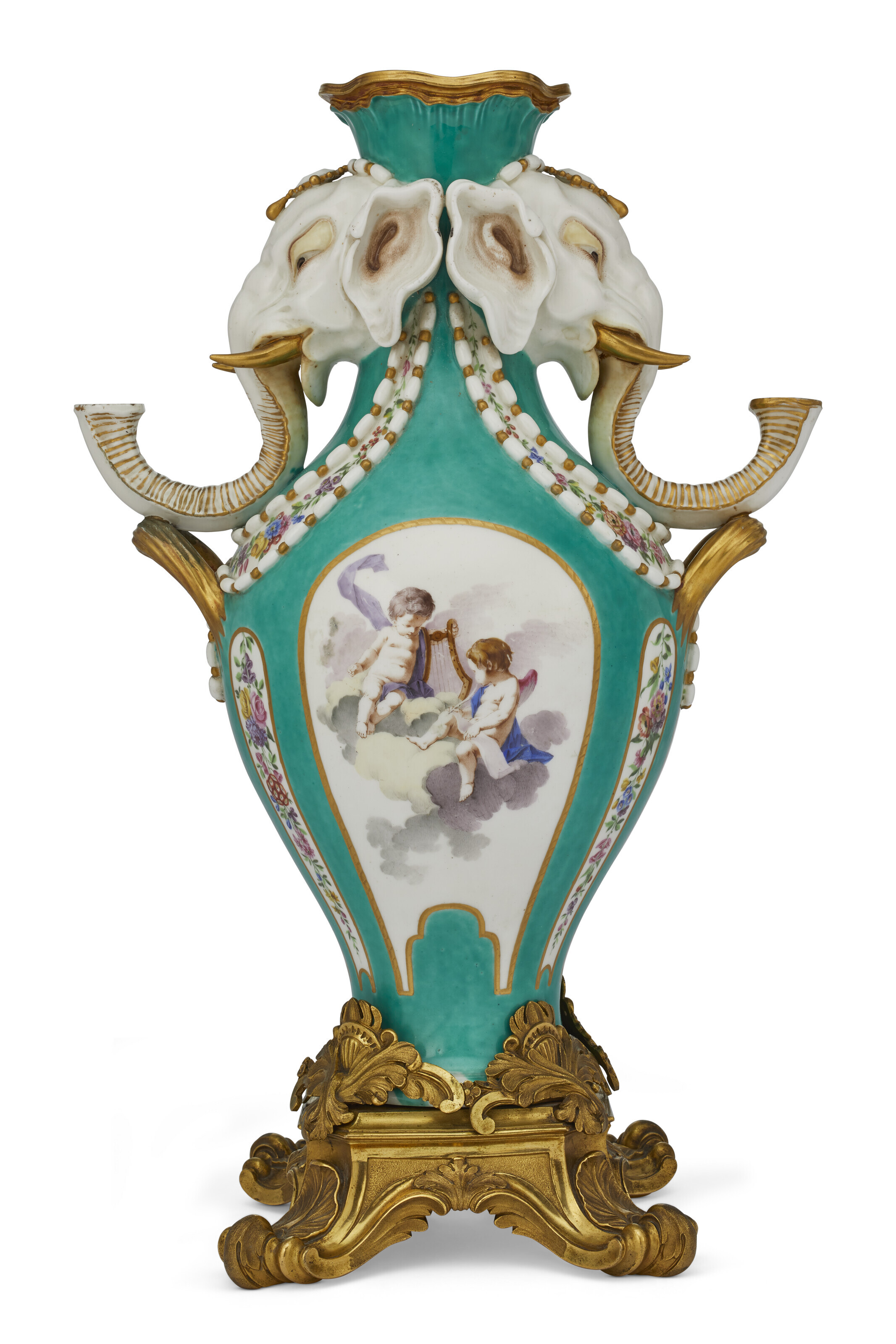 AN ORMOLU-MOUNTED SEVRES PORCELAIN GREEN-GROUND ELEPHANT-HANDLED VASE ...