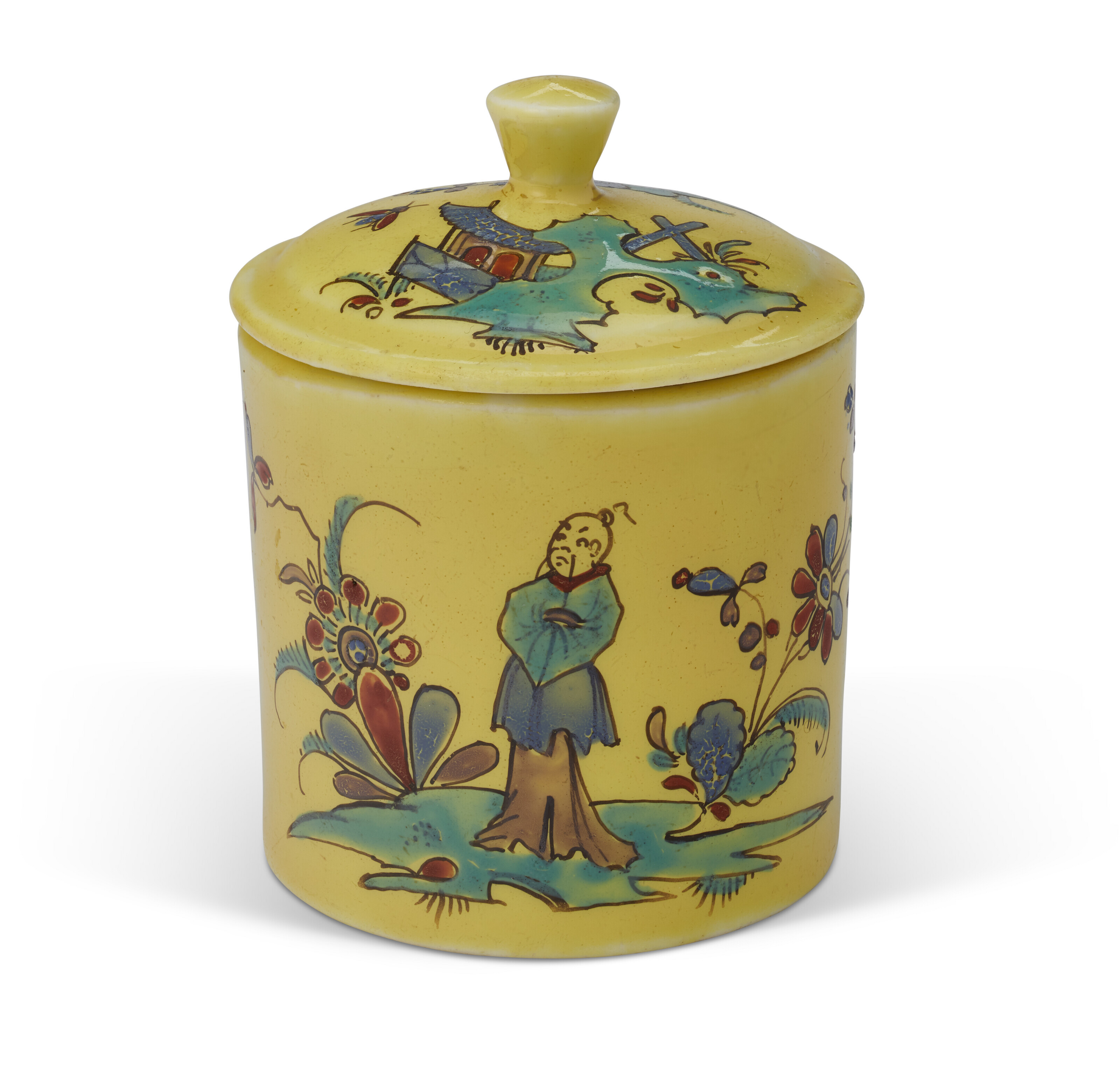 A SAINT CLOUD PORCELAIN YELLOW-GROUND POMADE POT AND COVER, CIRCA 1730 ...