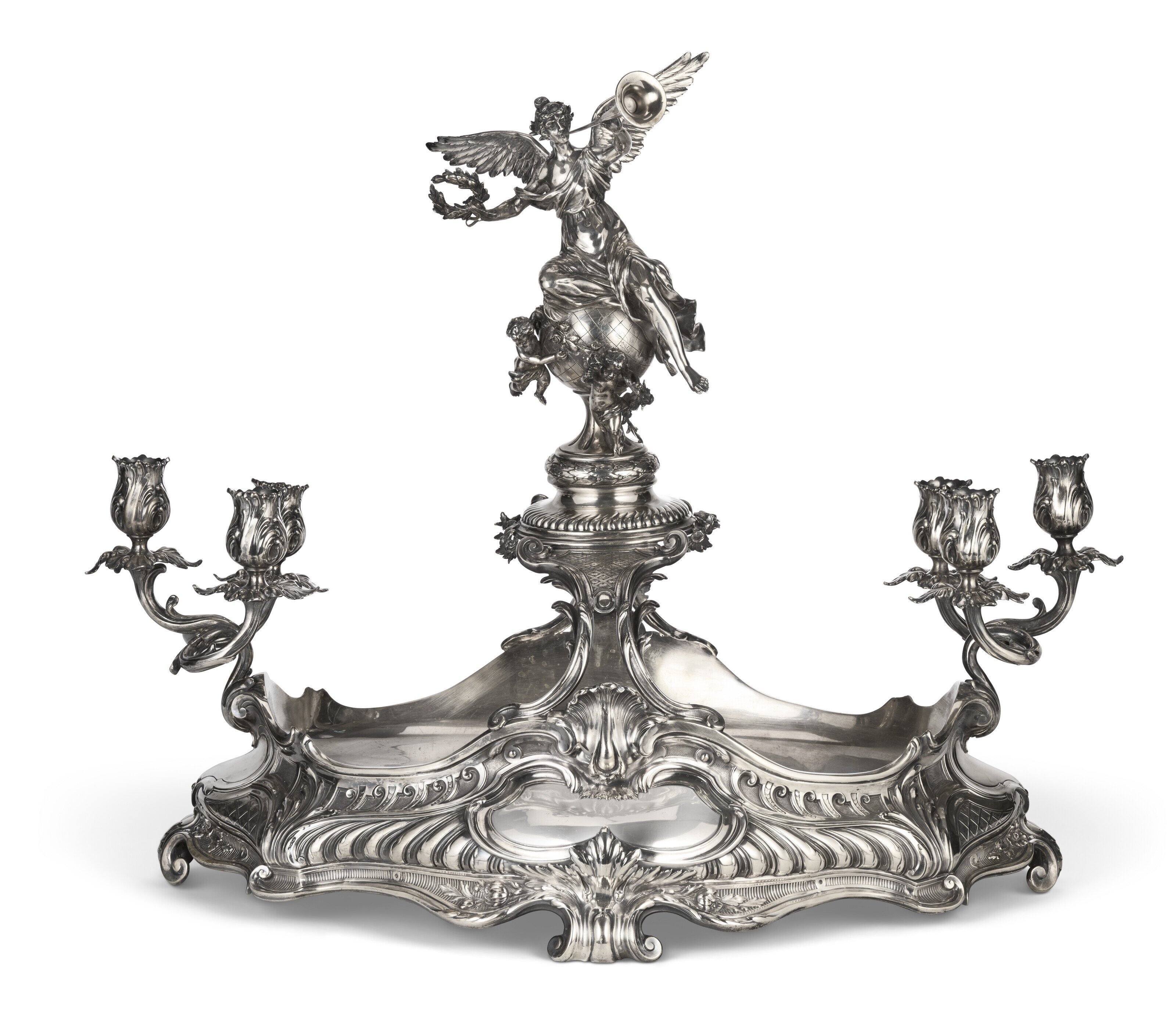 A LARGE GERMAN SILVER CENTERPIECE CANDELABRA, MARK OF GEBRÜDER DEYHLE ...