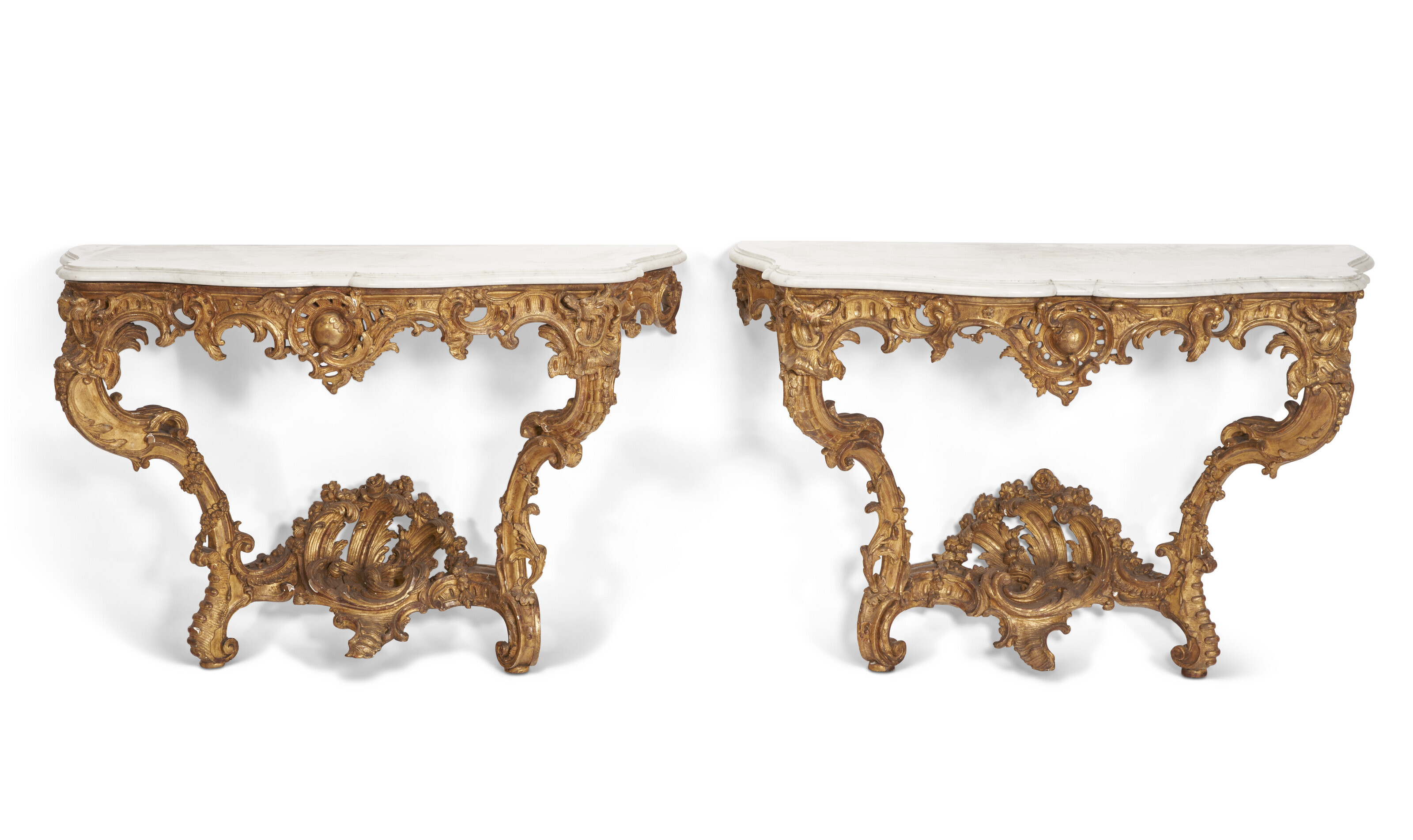 A MATCHED PAIR OF LOUIS XV GILTWOOD CONSOLE TABLES, CIRCA 1740 ...