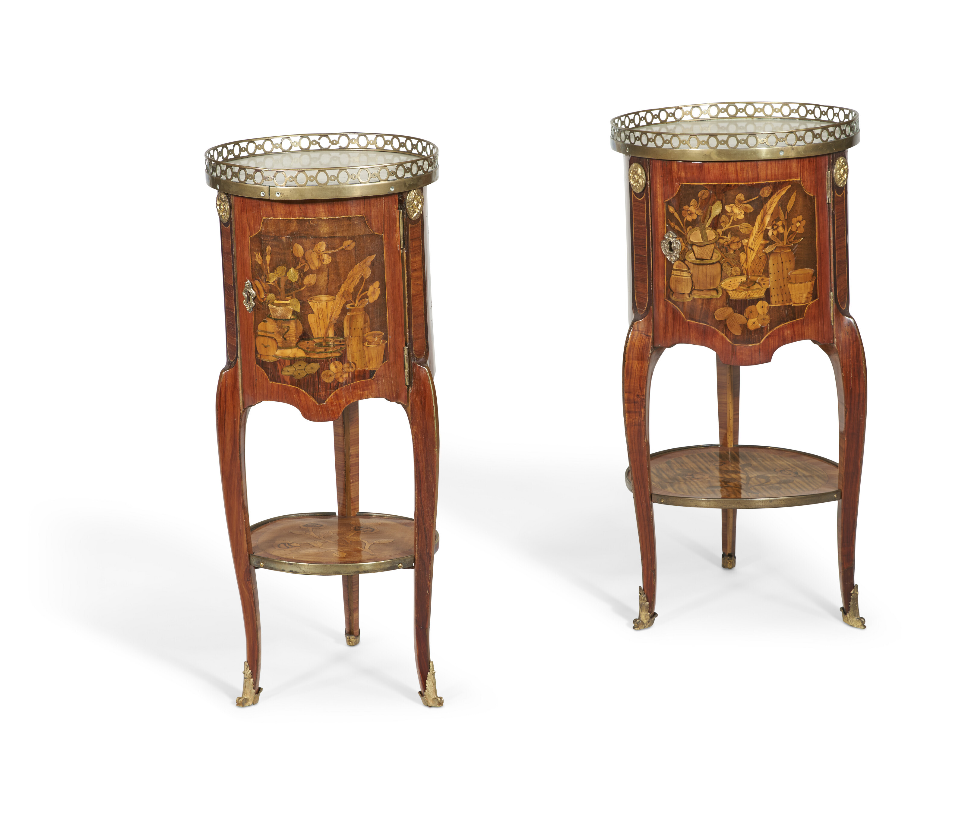 A MATCHED PAIR OF LATE LOUIS XV ORMOLU-MOUNTED TULIPWOOD, AMARANTH AND ...