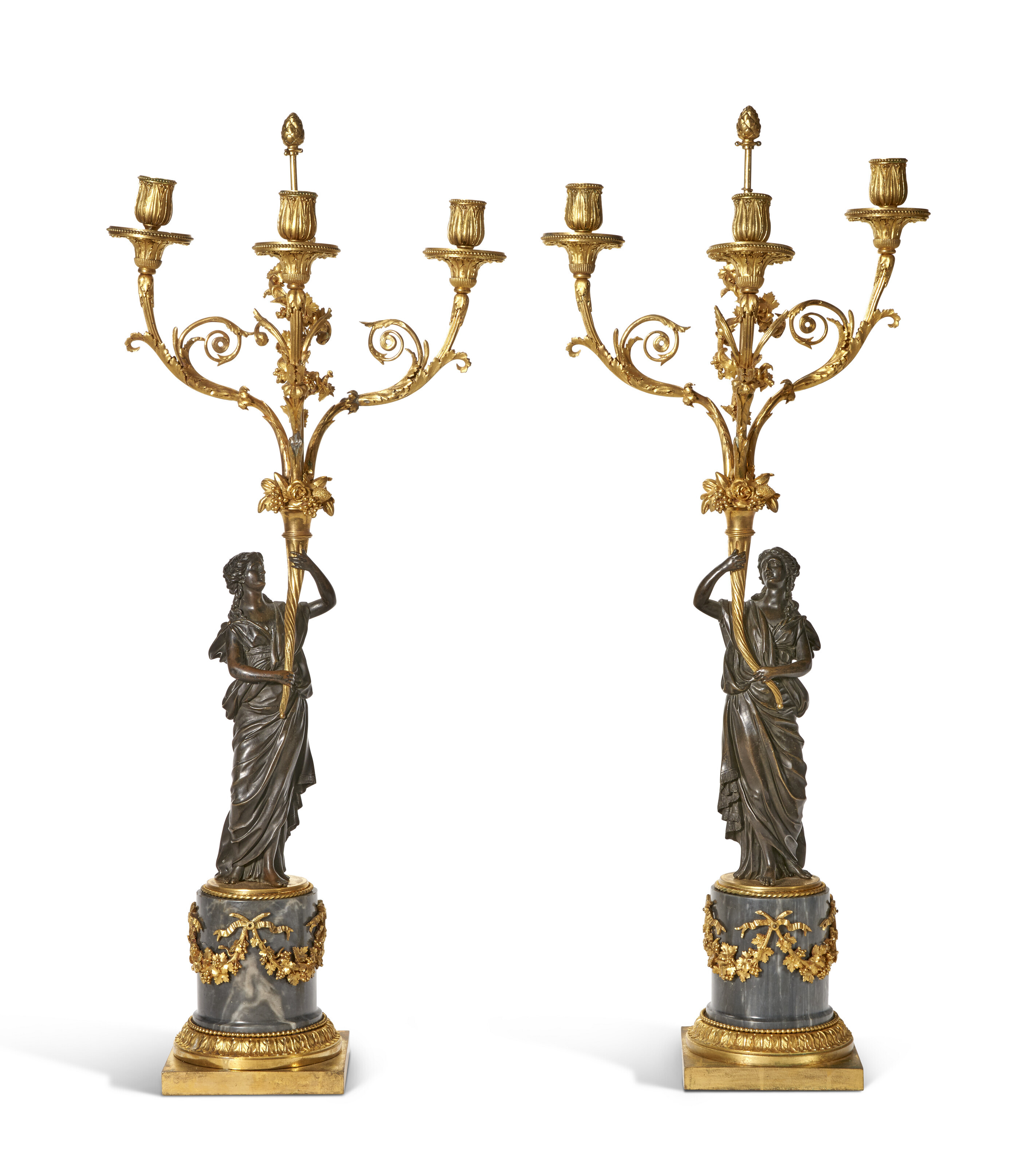 A PAIR OF LOUIS XVI ORMOLU, PATINATED-BRONZE AND BLEU TURQUIN MARBLE THREE-LIGHT CANDELABRA ...